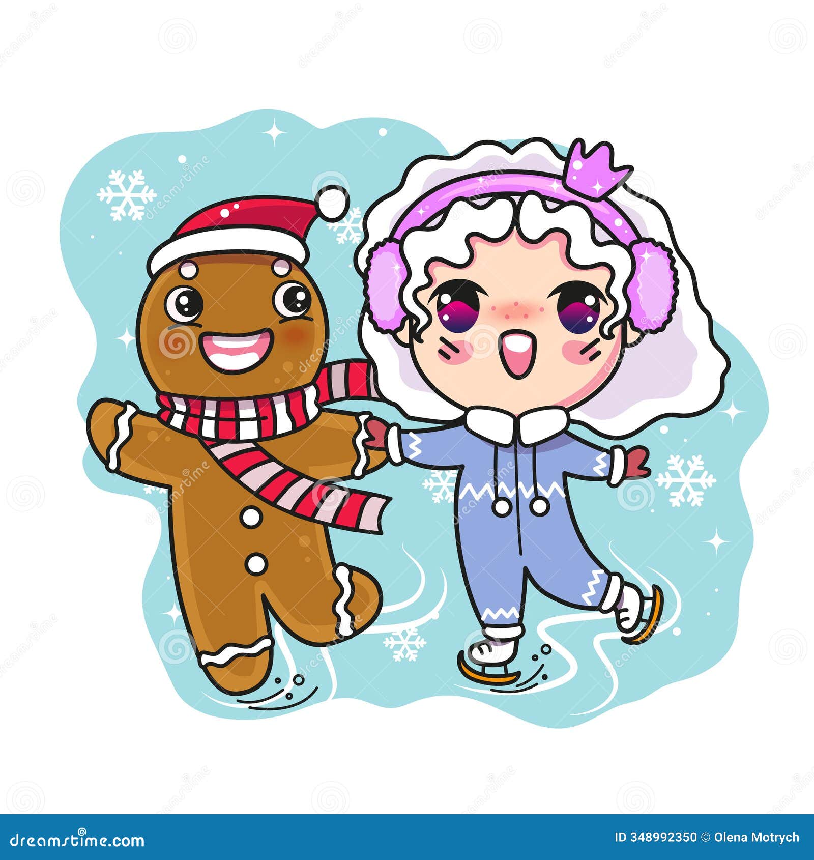 Cute Christmas Illustration. Ginger Man with Elf Skating. Kawaii ...