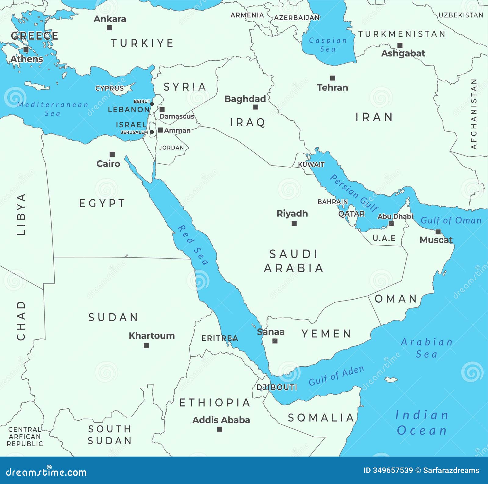 Middle East, Political Map Countries with Capitals and International ...