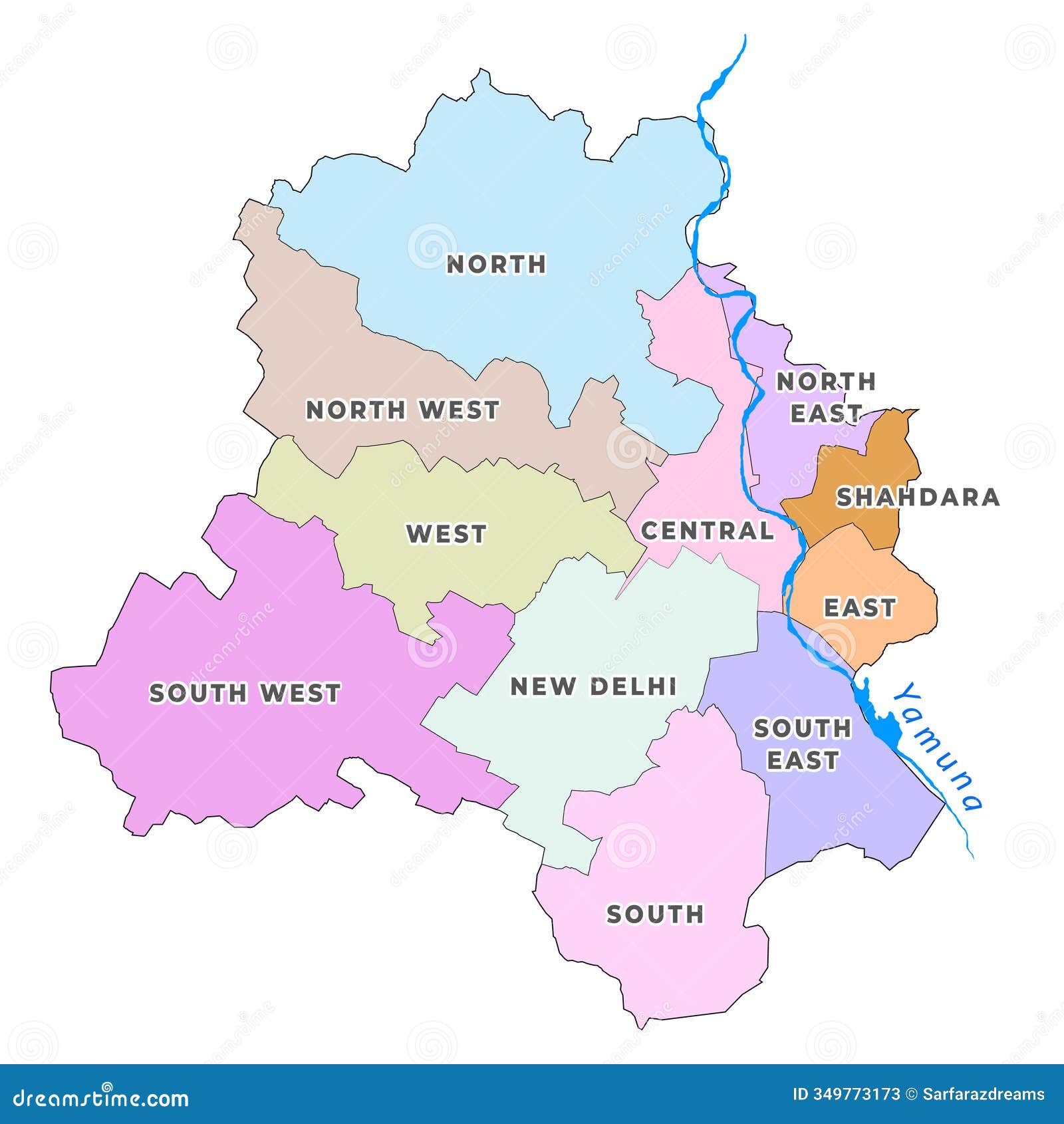 Delhi Distrcit Map with Yamuna River Stock Illustration - Illustration ...