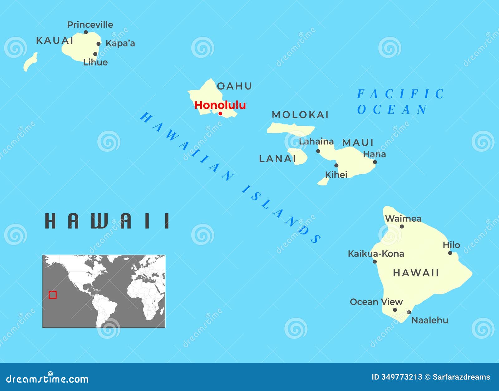 Hawaii Islands Political Map And Capital Honolulu, With Most Important ...