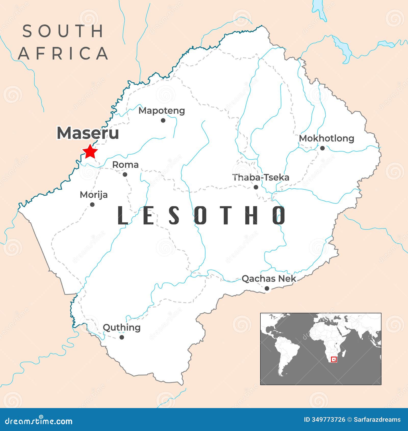 Lesotho Political Map with Capital Maseru, Important Cities and ...