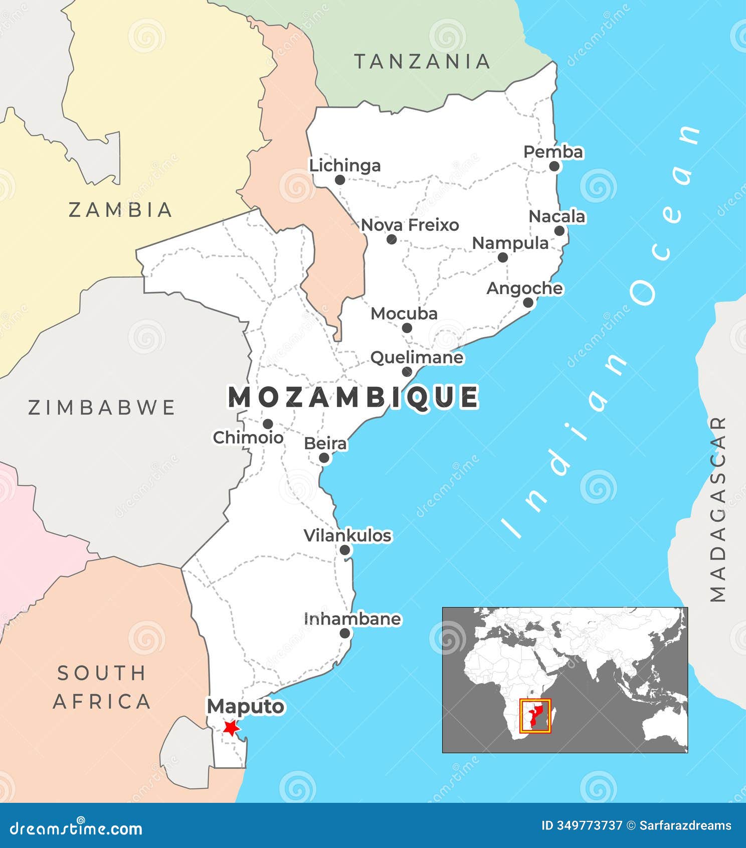 Mozambique Political Map and Capital Maputo, with National Borders and ...