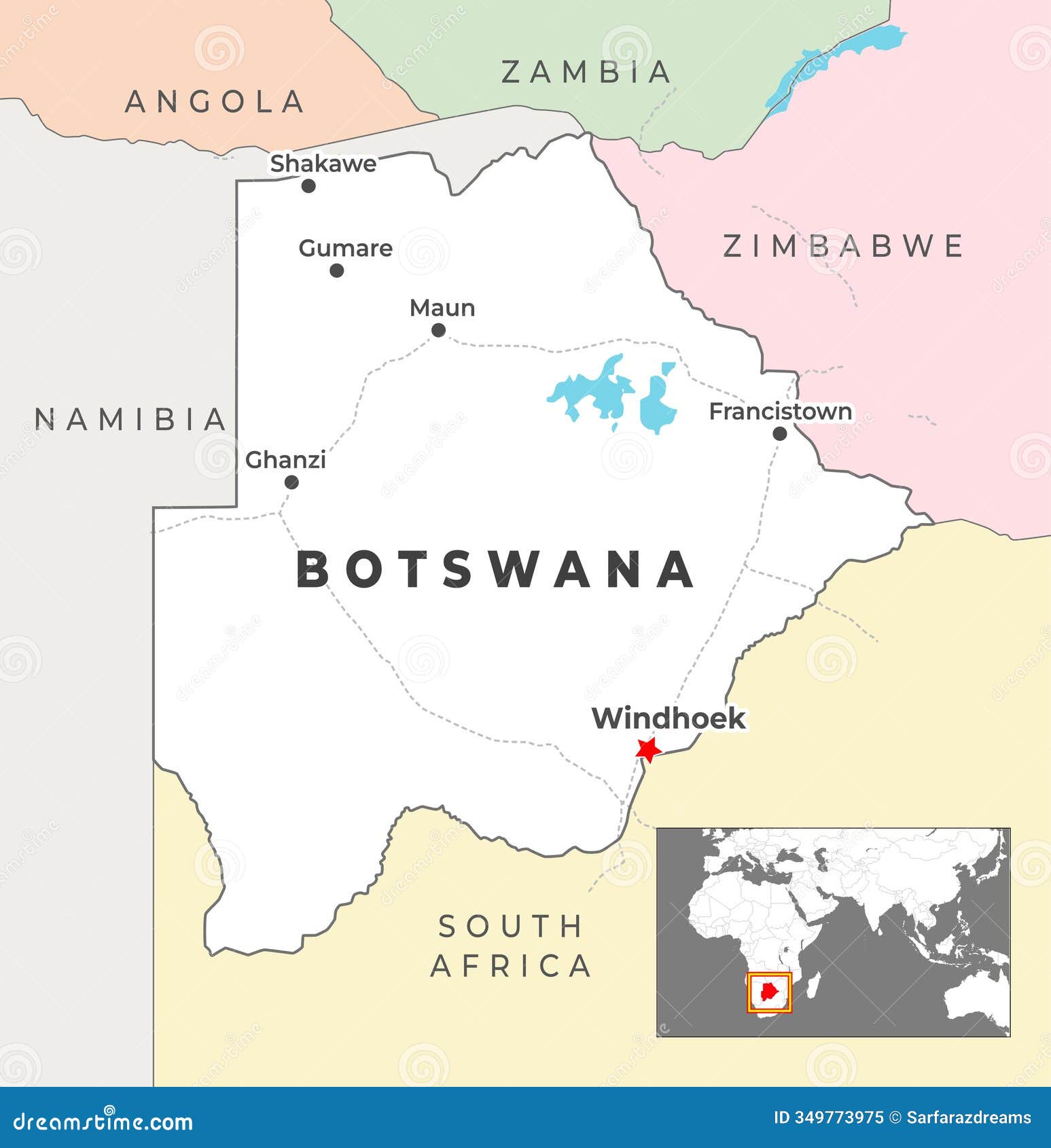 Botswana Political Map with Capital Gaborone, Most Important Cities ...