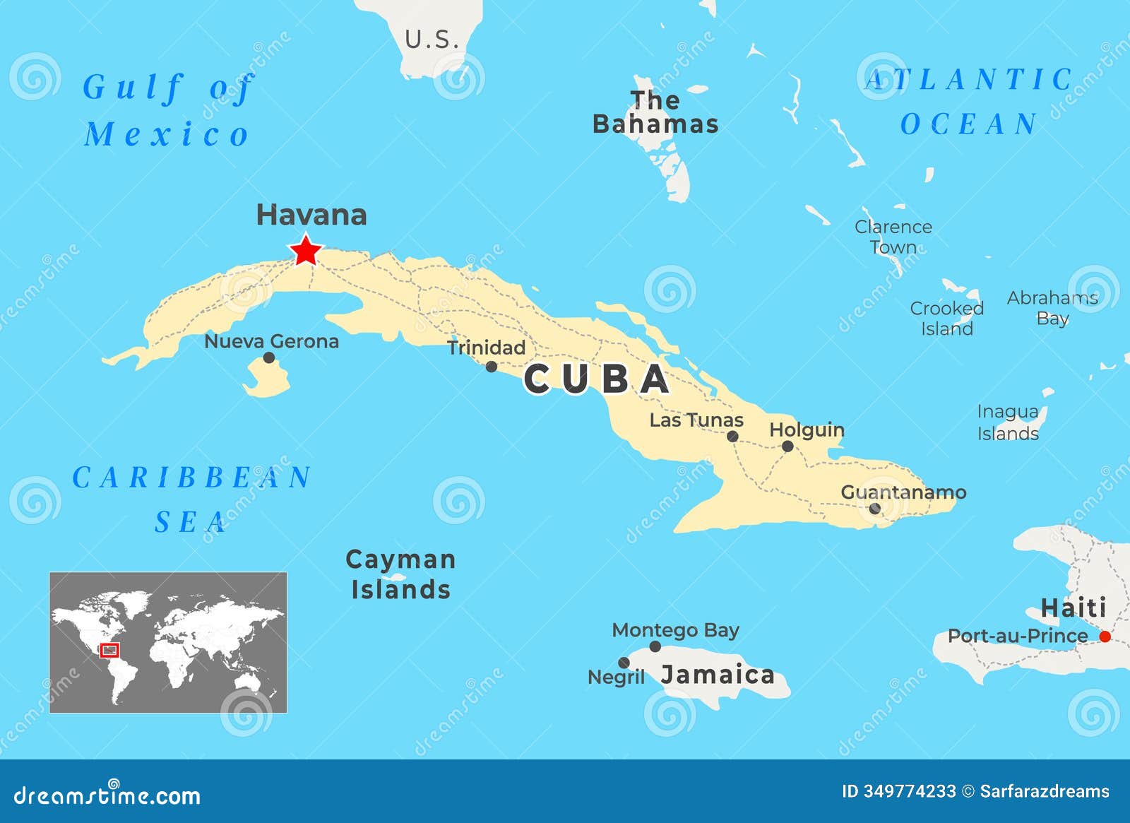 Cuba Political Map with Capital Havana, Most Important Cities with ...