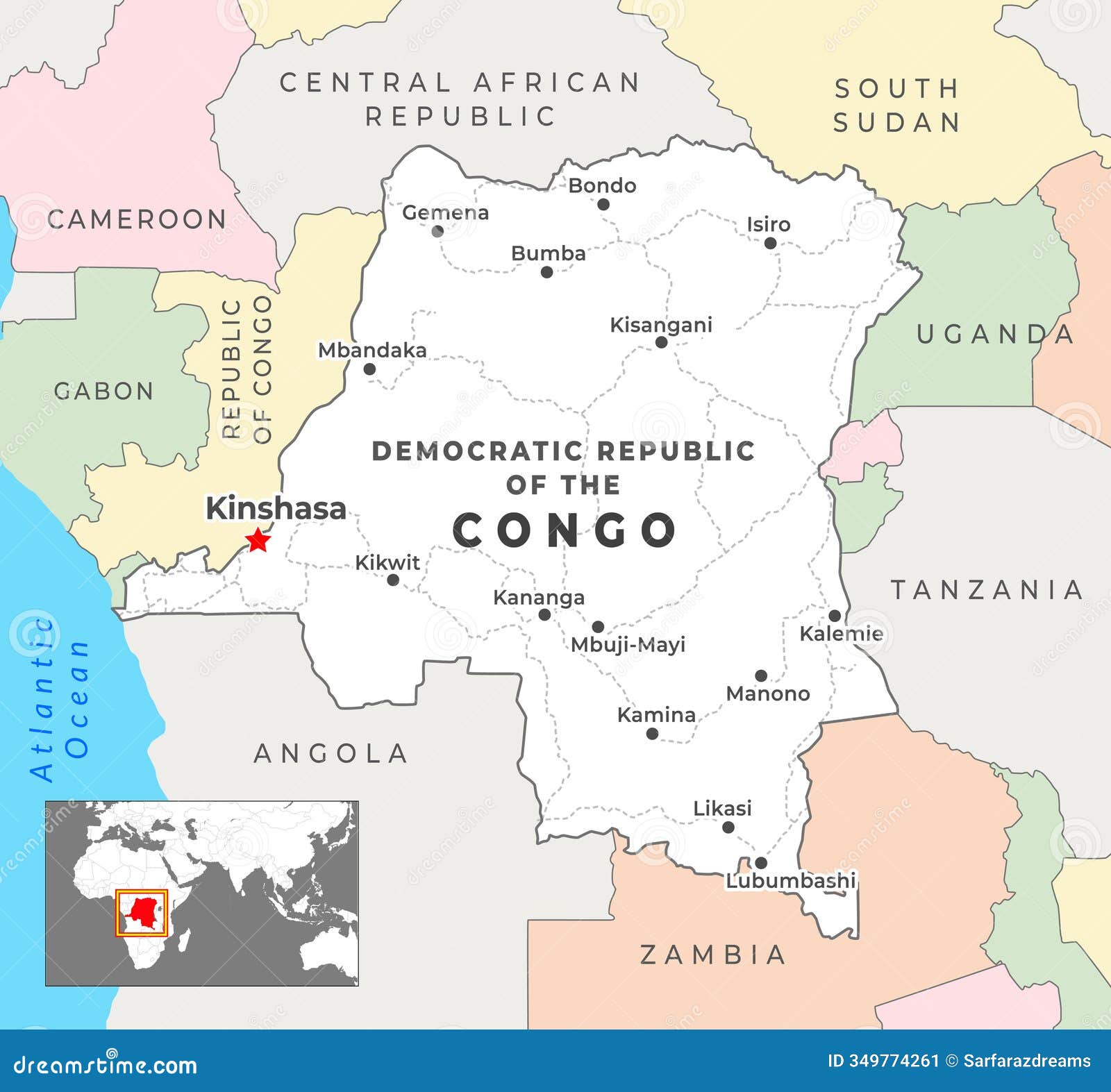 Congo Democratic Republic Political Map with Capital Kinshasa, Most ...