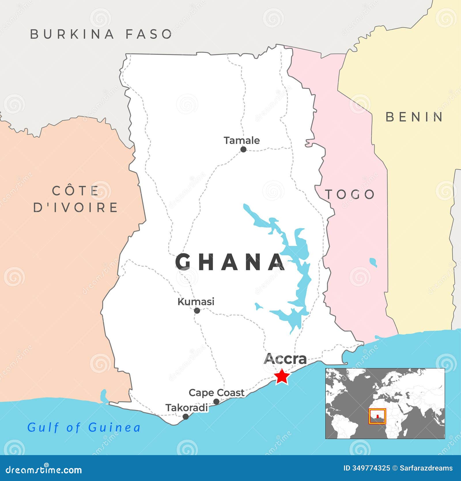 Ghana Political Map with Capital Accra, Most Important Cities with ...