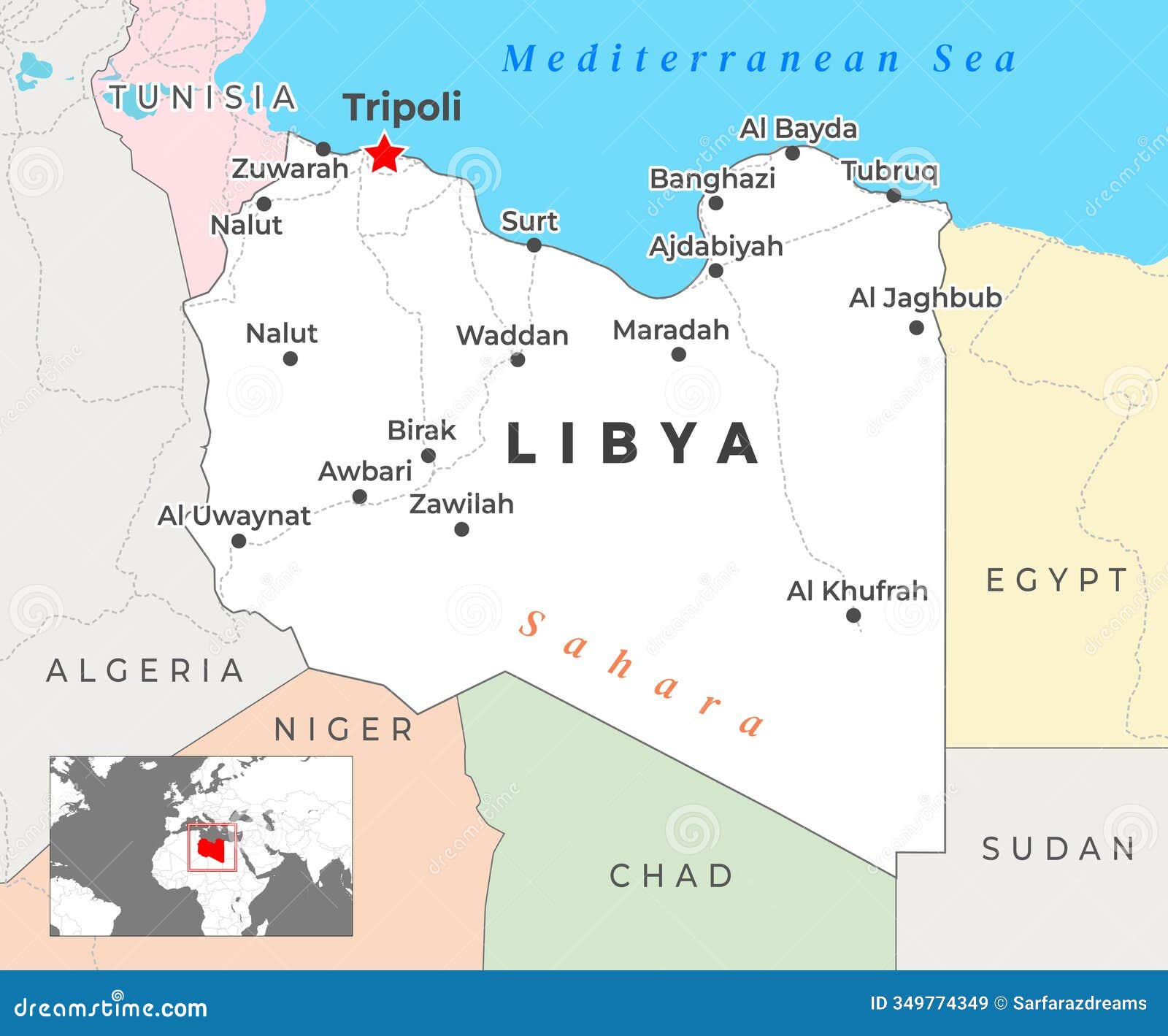 Libya Political Map with Capital Tripoli, Most Important Cities with ...