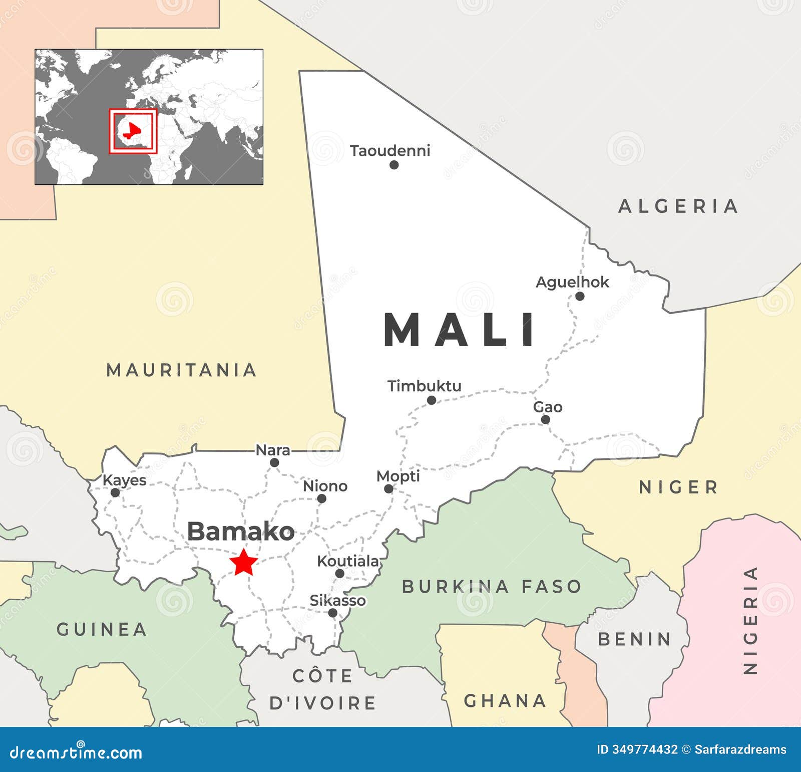 Mali Political Map with Capital Bamako, Most Important Cities with ...