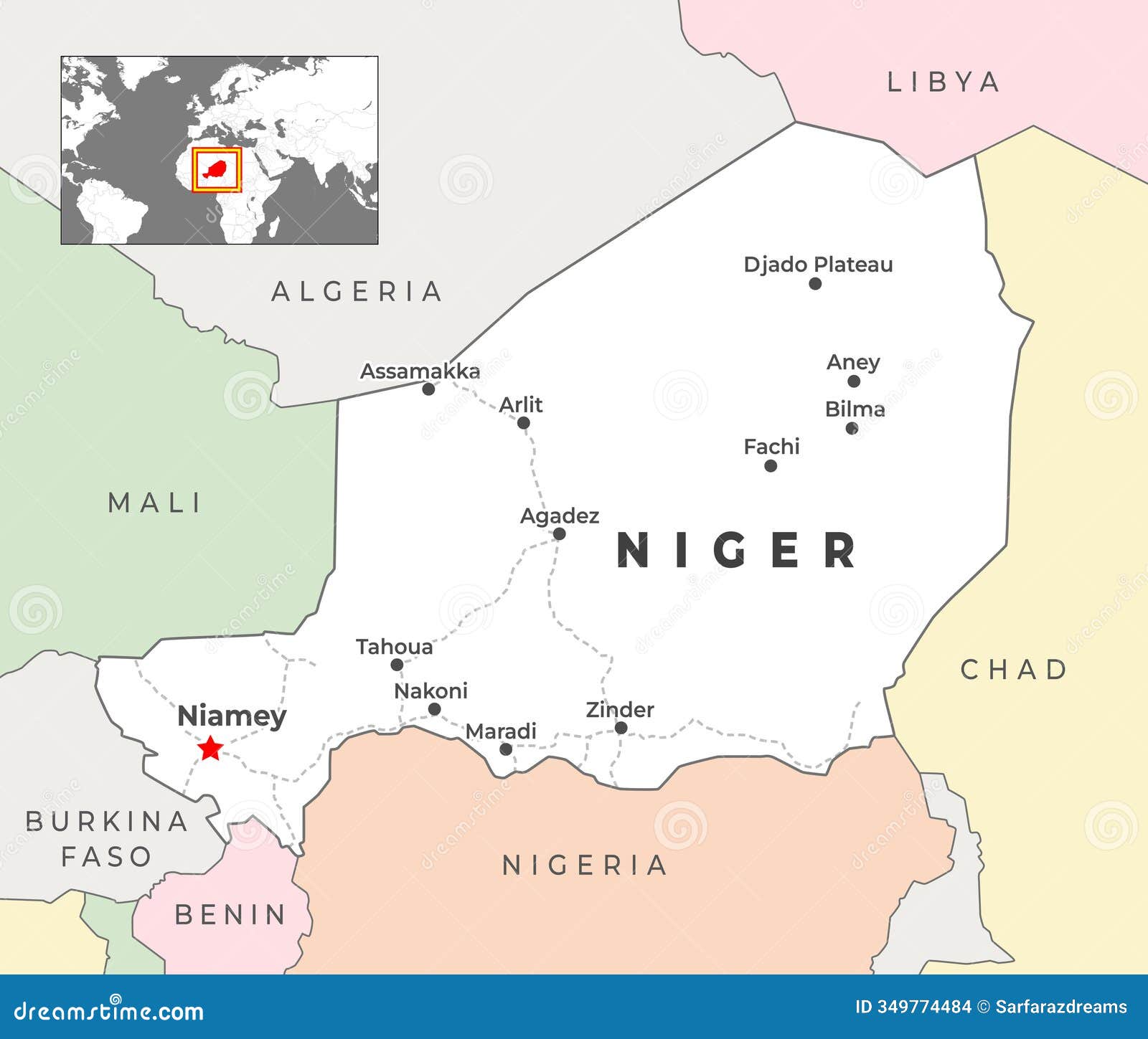 Niger Political Map with Capital Niamey, Most Important Cities with ...