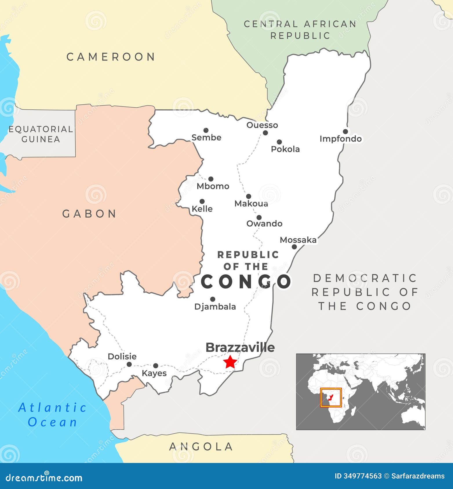 Republic Of The Congo Political Map With Capital Brazzaville, Most ...