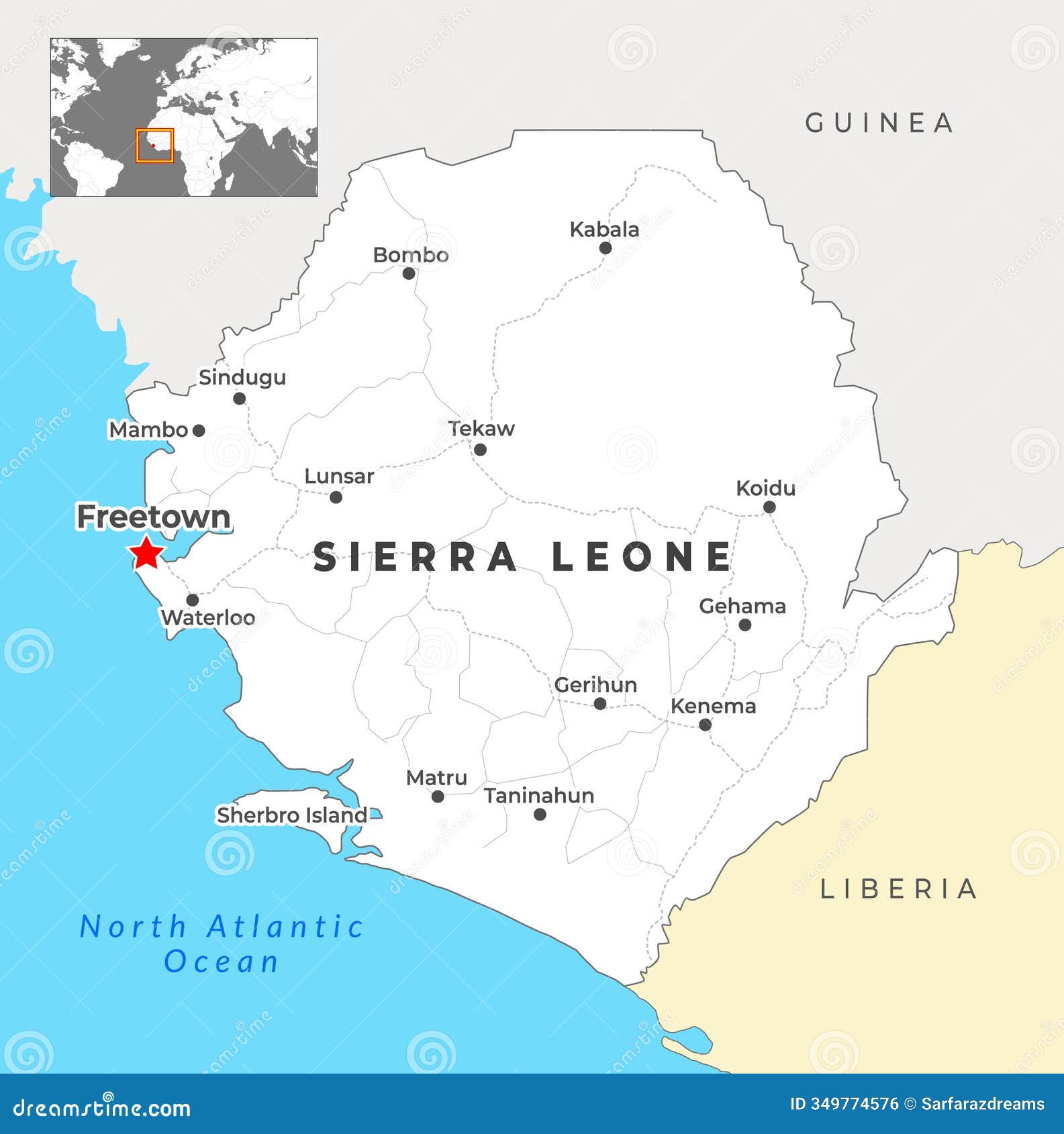 Sierra Leone Political Map With Capital Freetown, Most Important Cities ...