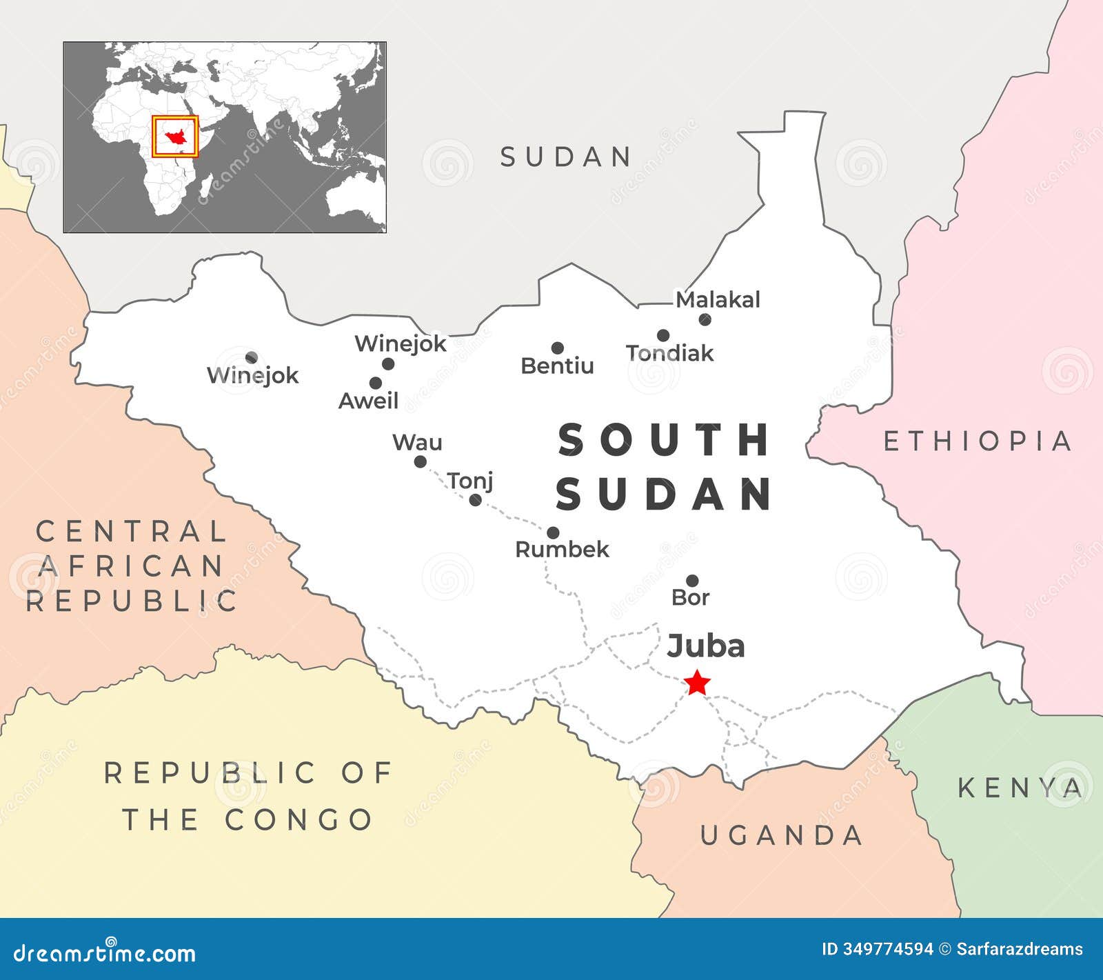 South Sudan Political Map with Capital Juba, Most Important Cities with ...
