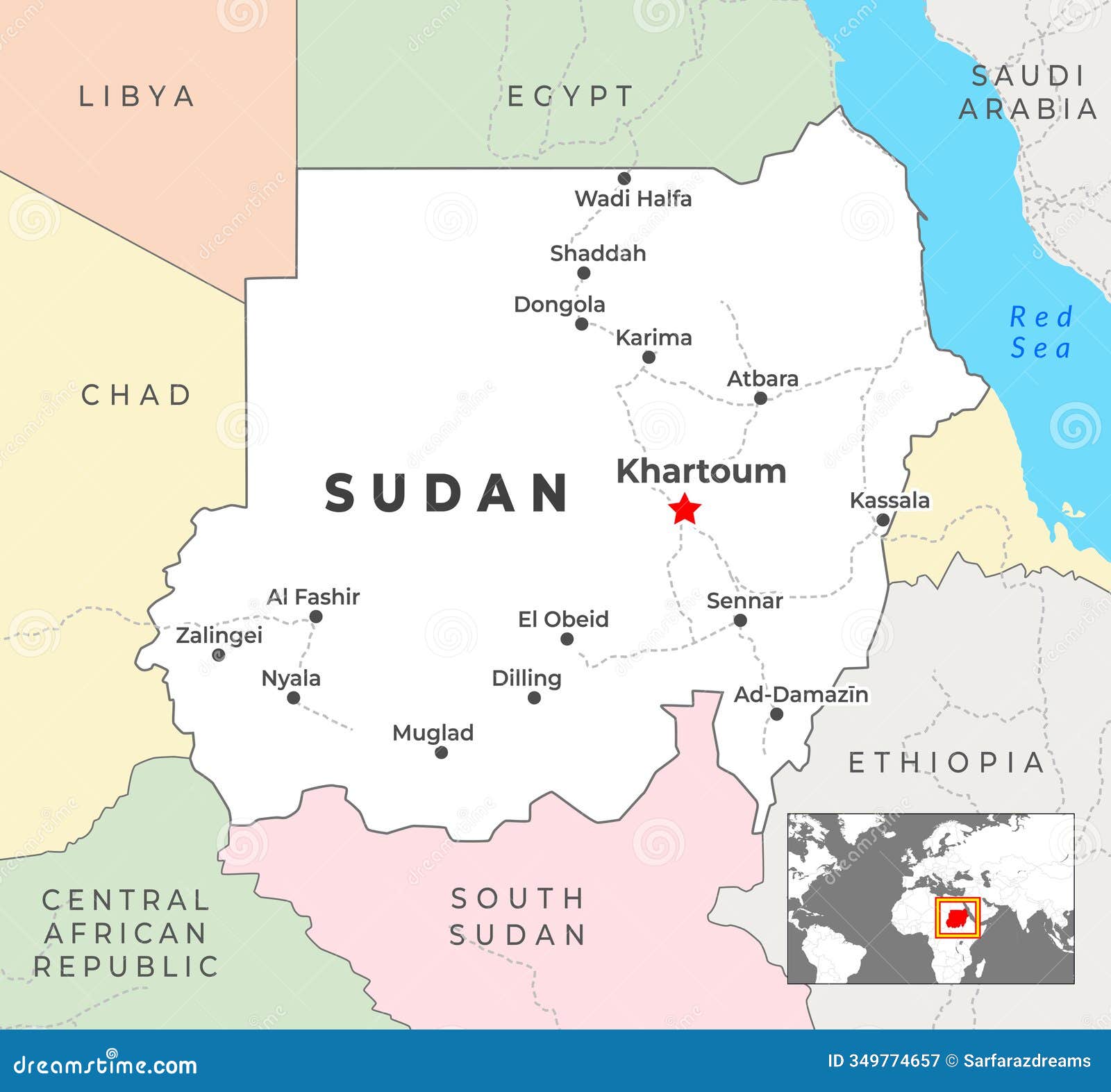 Sudan Political Map with Capital Khartoum, Most Important Cities with ...