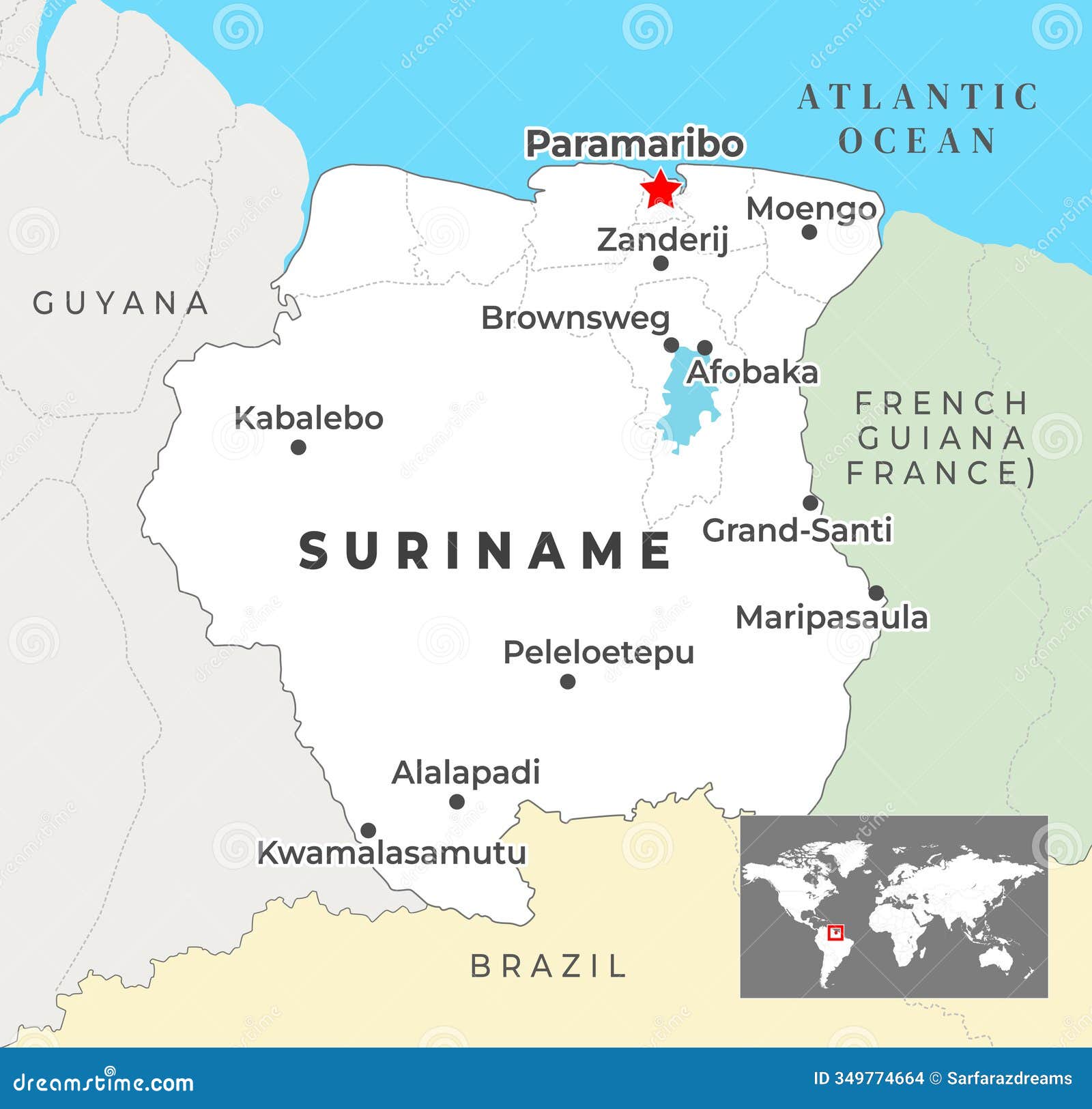 Suriname Political Map with Capital Paramaribo, Most Important Cities ...