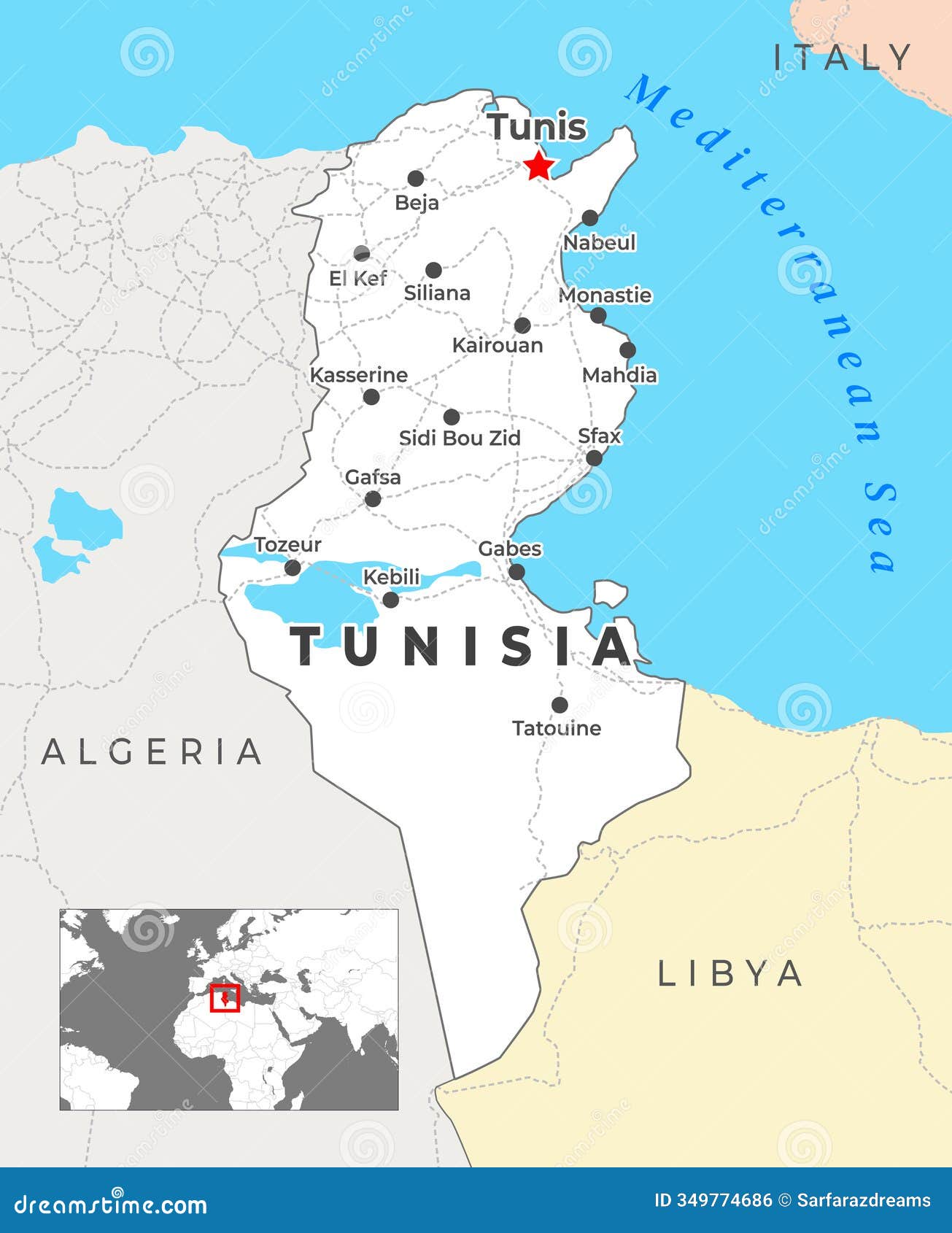 Tunisia Political Map with Capital Tunis, Most Important Cities with ...