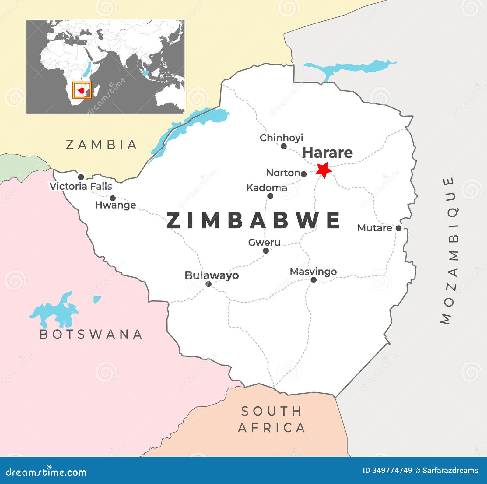 zimbabwe political map with capital harare, most important cities with ...