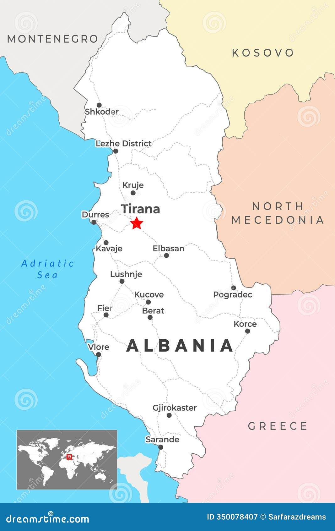 Albania Map with Capital Tirana, Most Important Cities and National ...