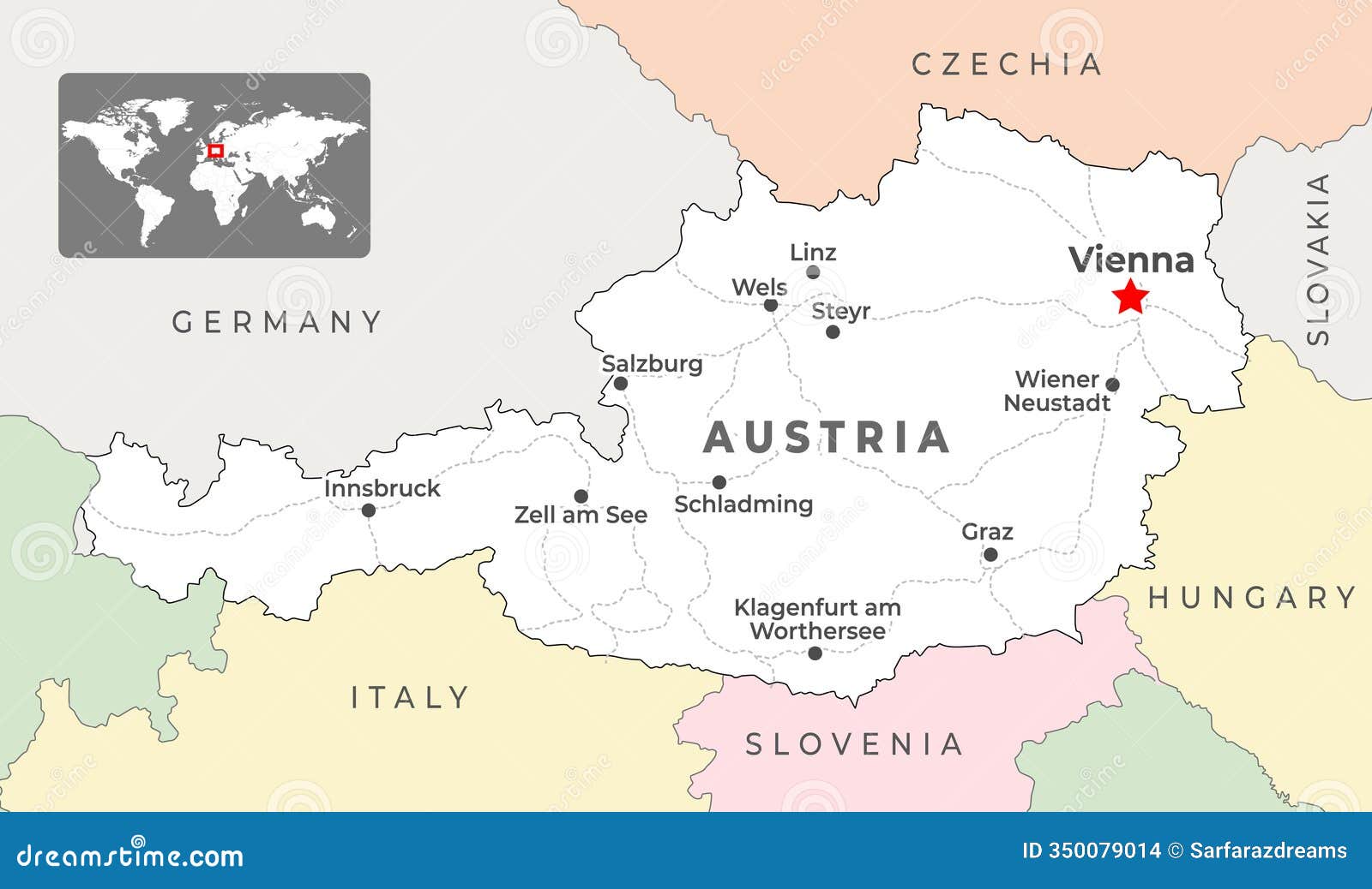 Austria Political Map, with the Capital Vienna, Most Important Cities and National Borders Stock ...