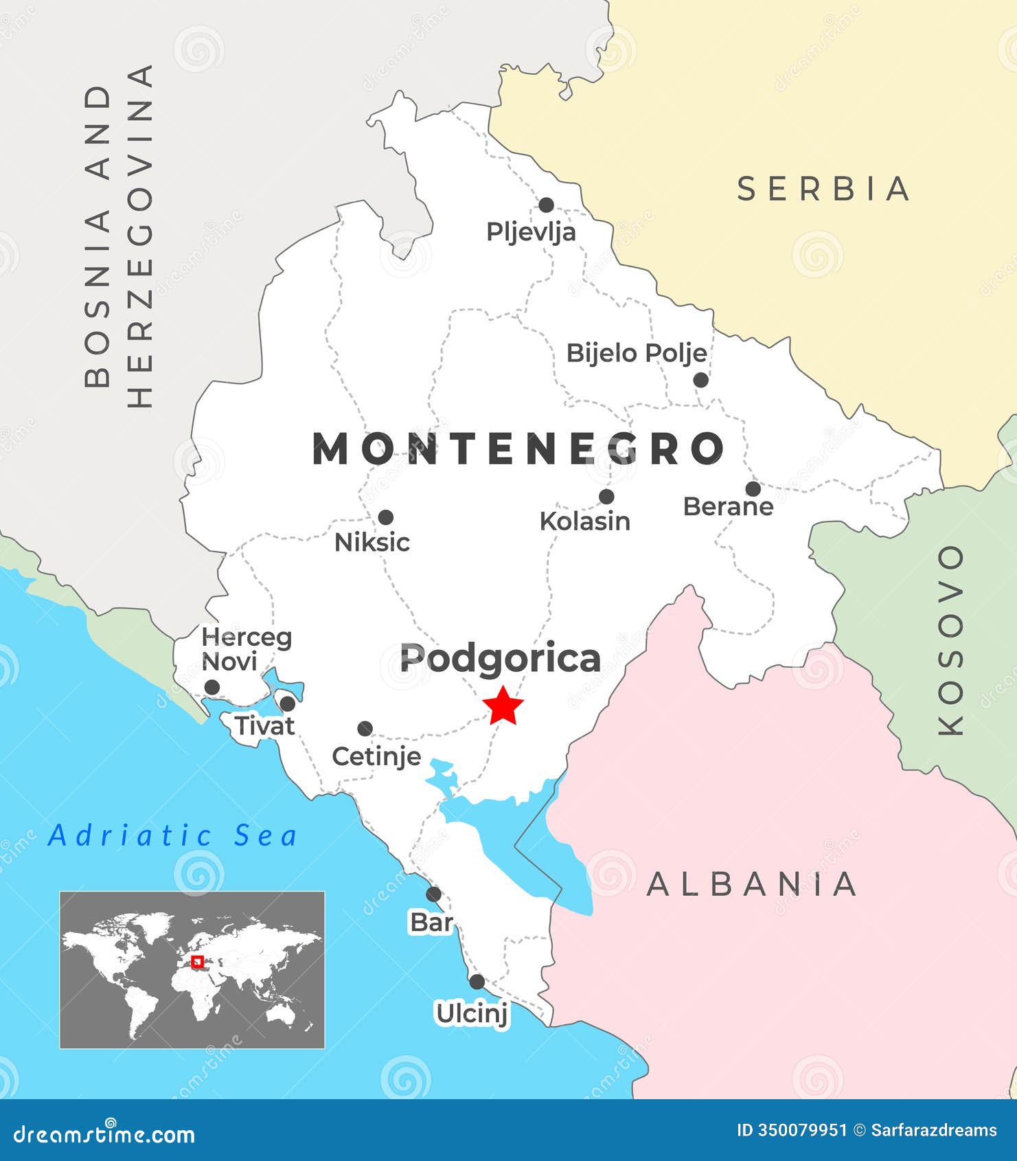 Montenegro Political Map with Capital Podgorica, Most Important Cities ...
