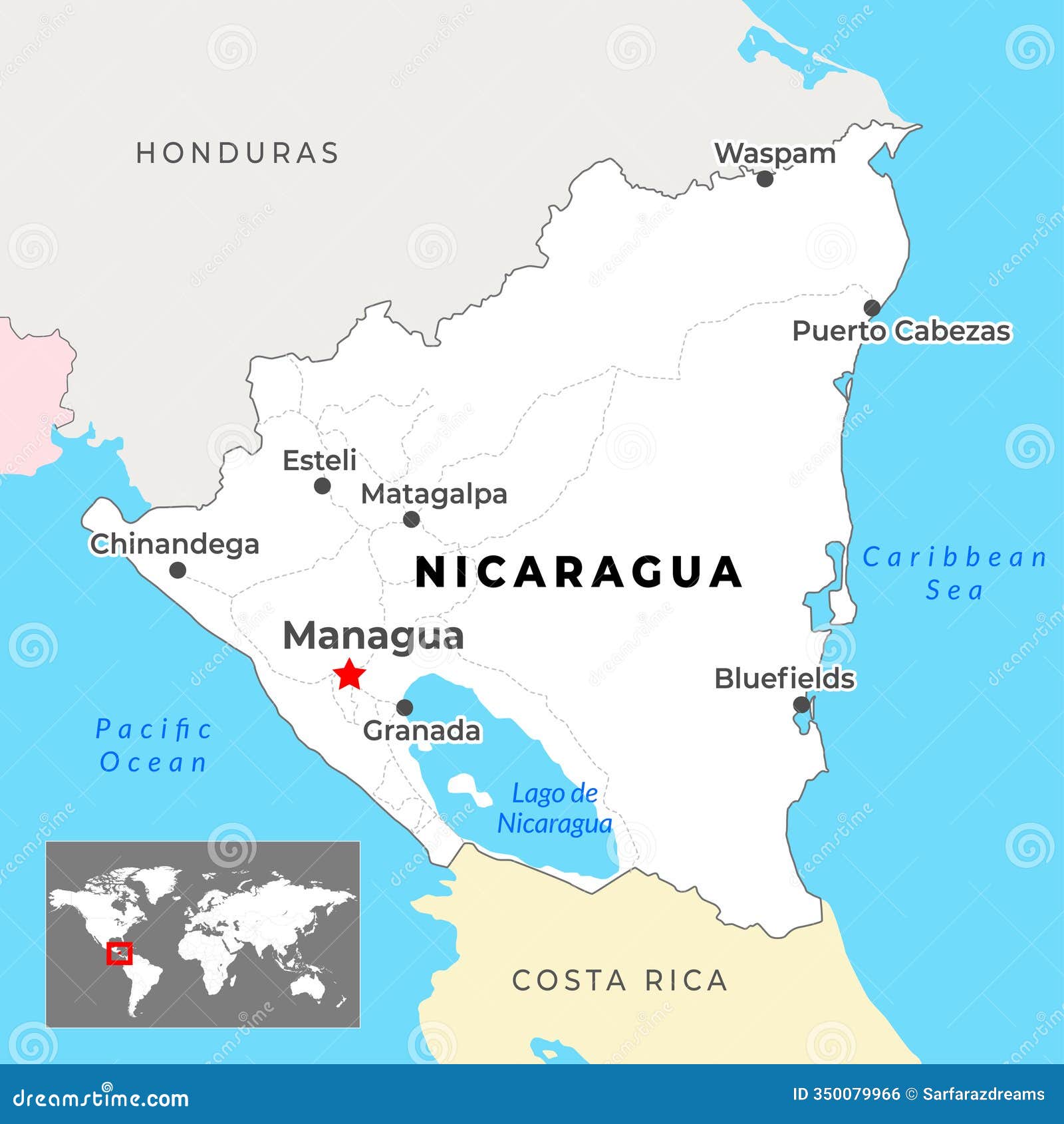 Nicaragua Political Map with Capital Managua, Most Important Cities and ...