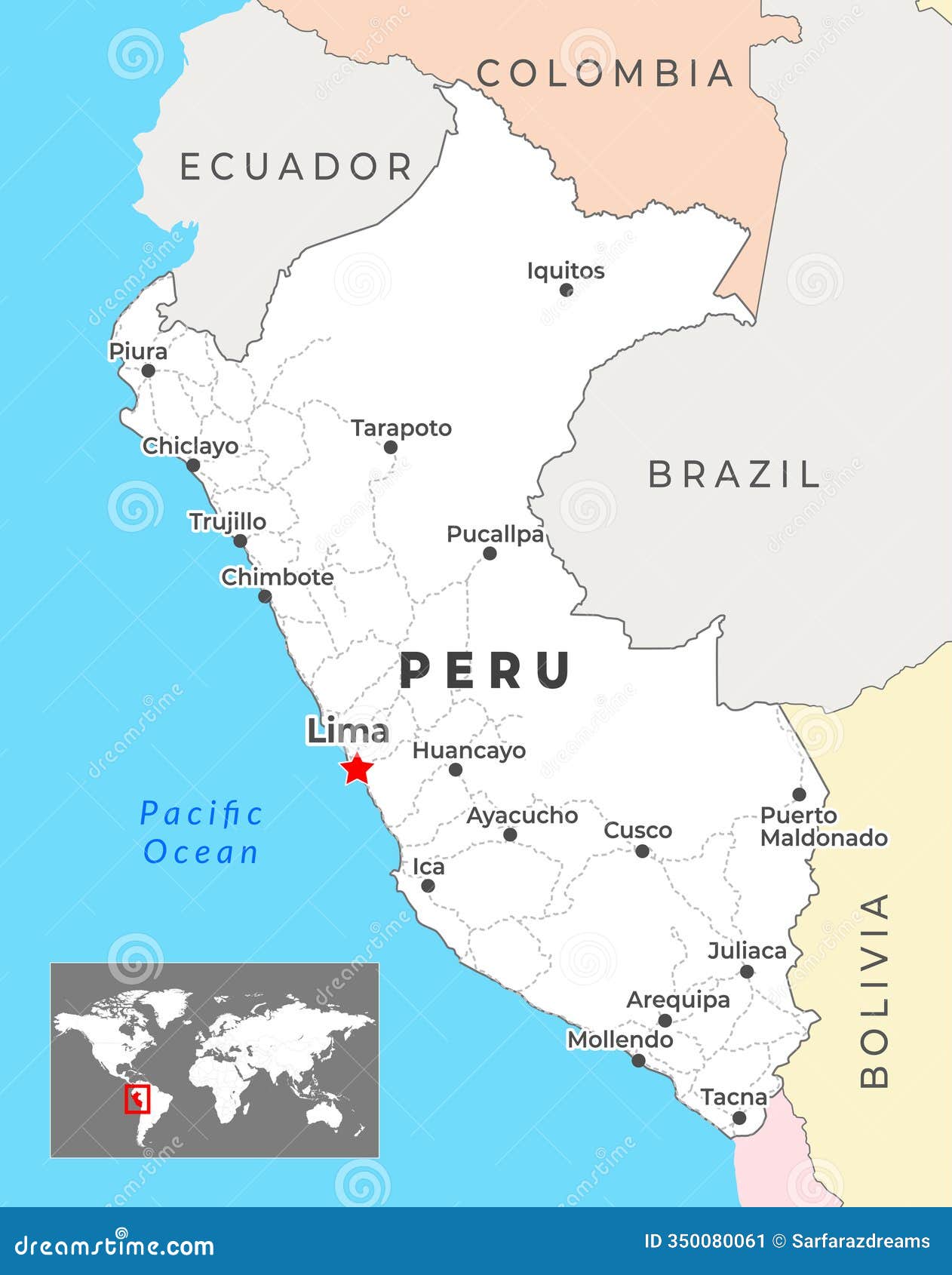 Peru Map with Capital Lima, Most Important Cities and National Borders ...