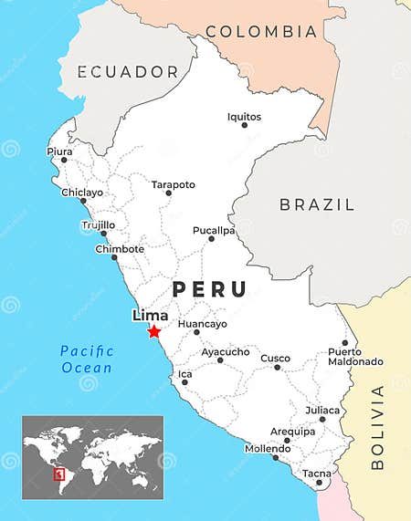 Peru Map with Capital Lima, Most Important Cities and National Borders ...
