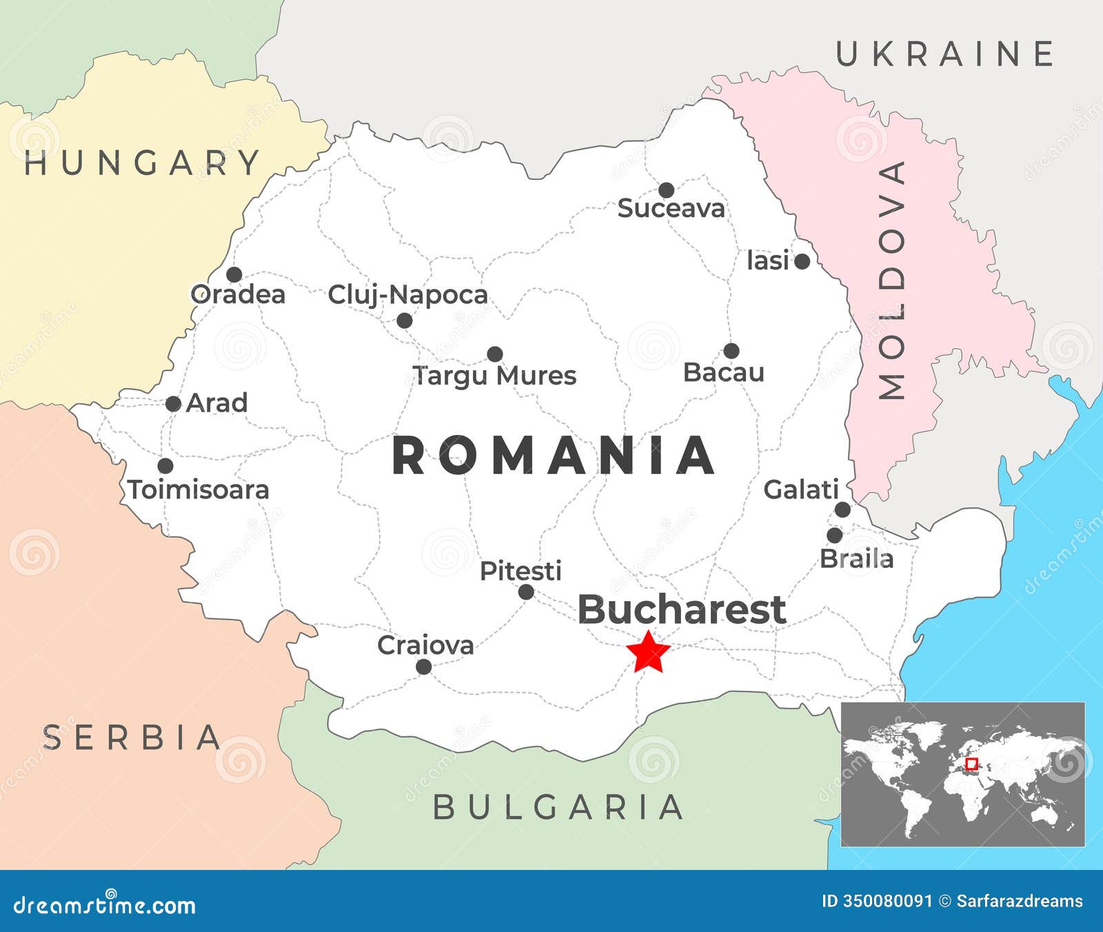 Romania Map with Capital Bucharest, Most Important Cities and National Borders Stock ...