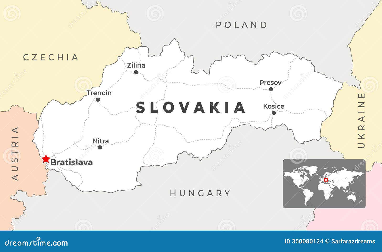 Slovakia Political Map with Capital Bratislava, Most Important Cities ...