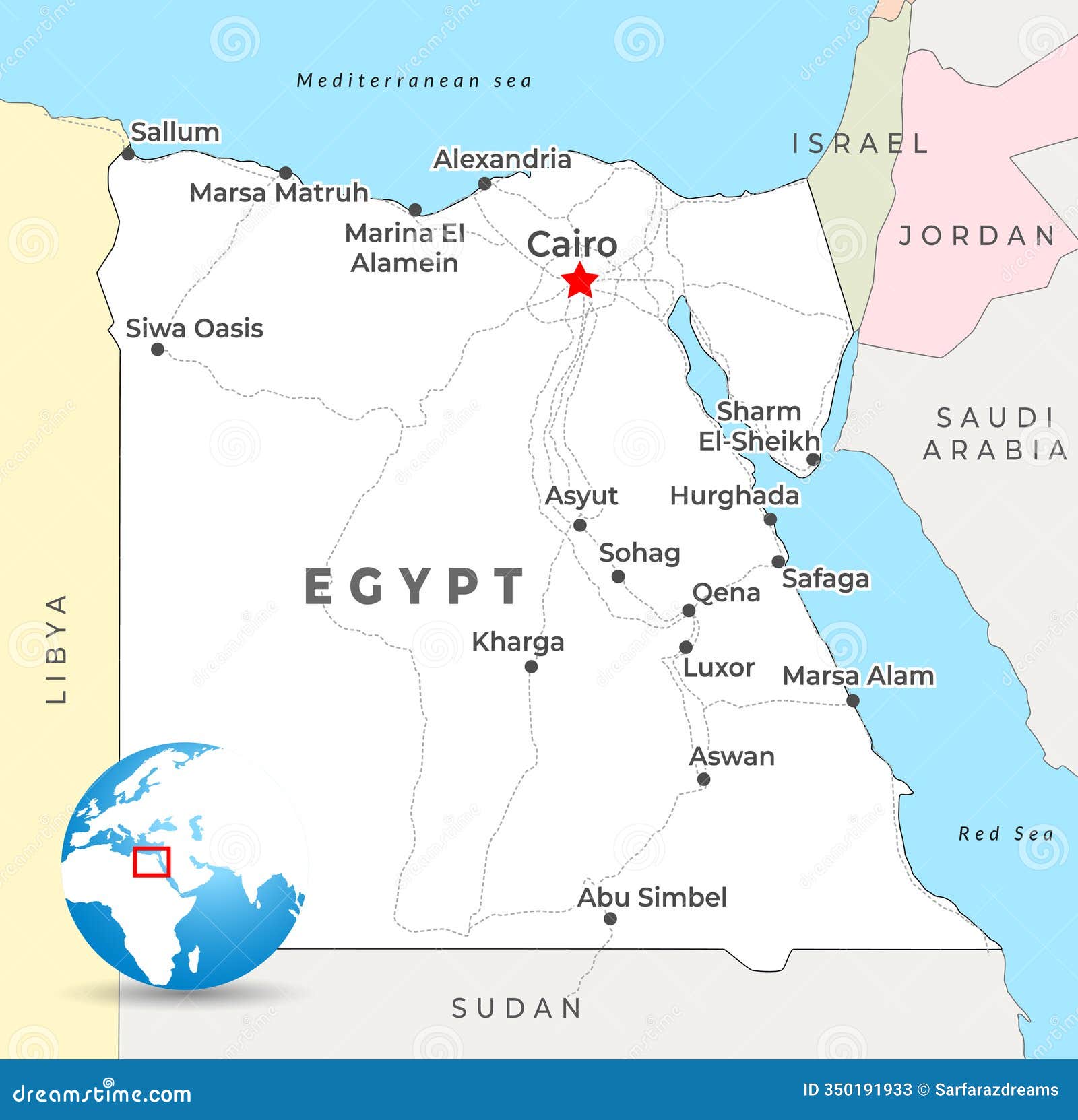 Egypt Map with Capital Cairo, Most Important Cities and National ...