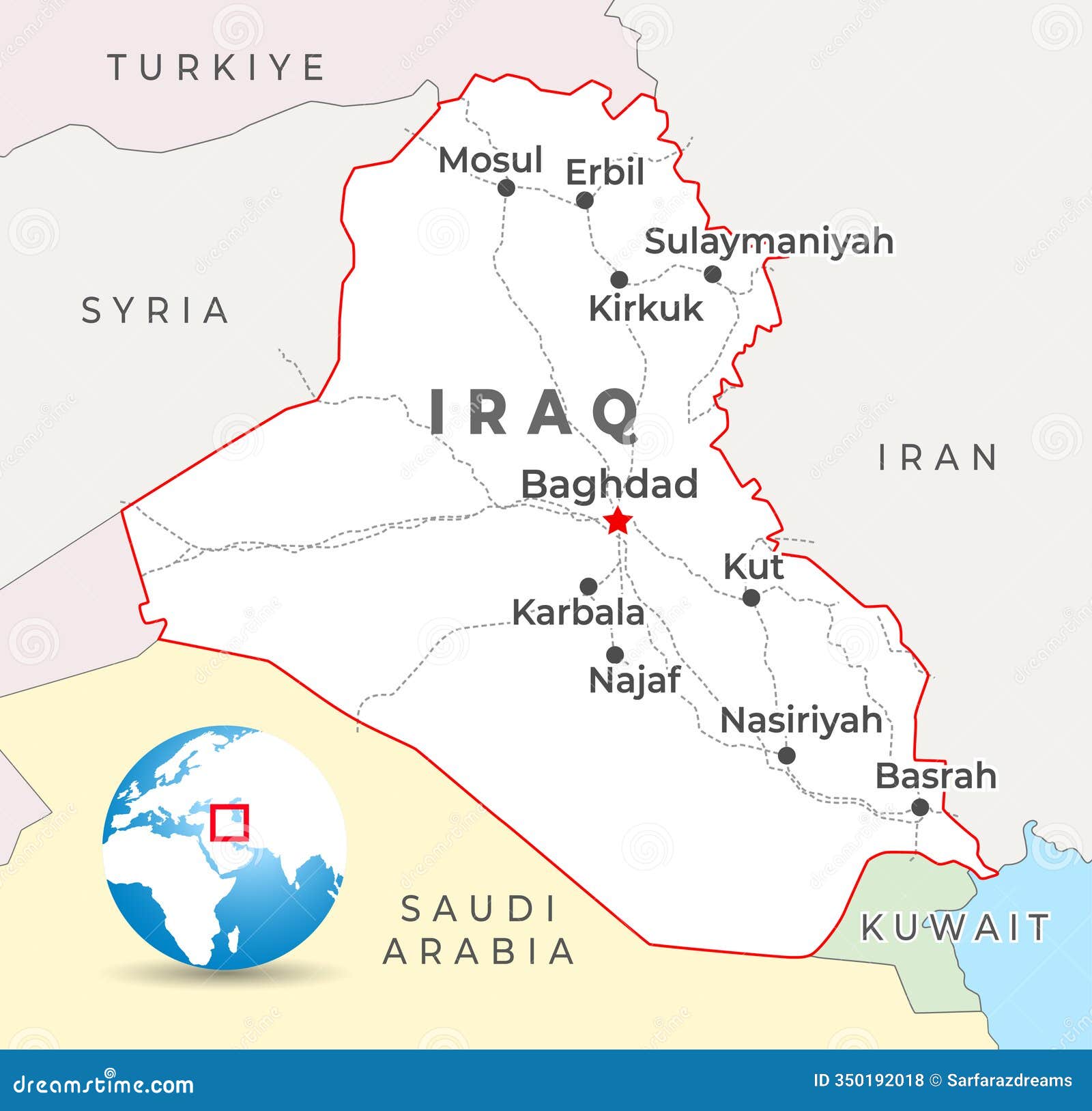 Iraq Map with Capital Baghdad, Most Important Cities and National ...