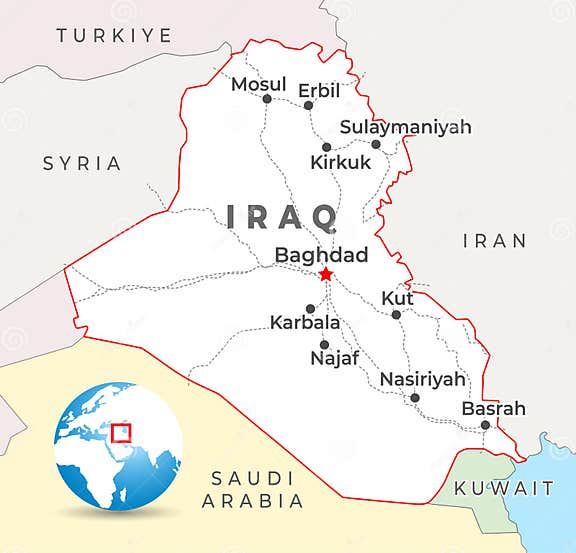Iraq Map with Capital Baghdad, Most Important Cities and National ...