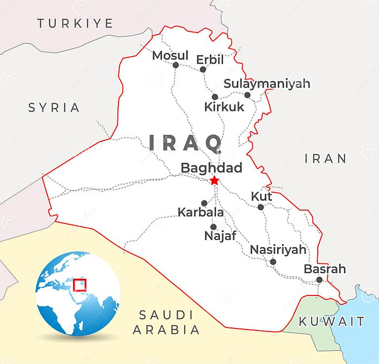 Iraq Map with Capital Baghdad, Most Important Cities and National ...