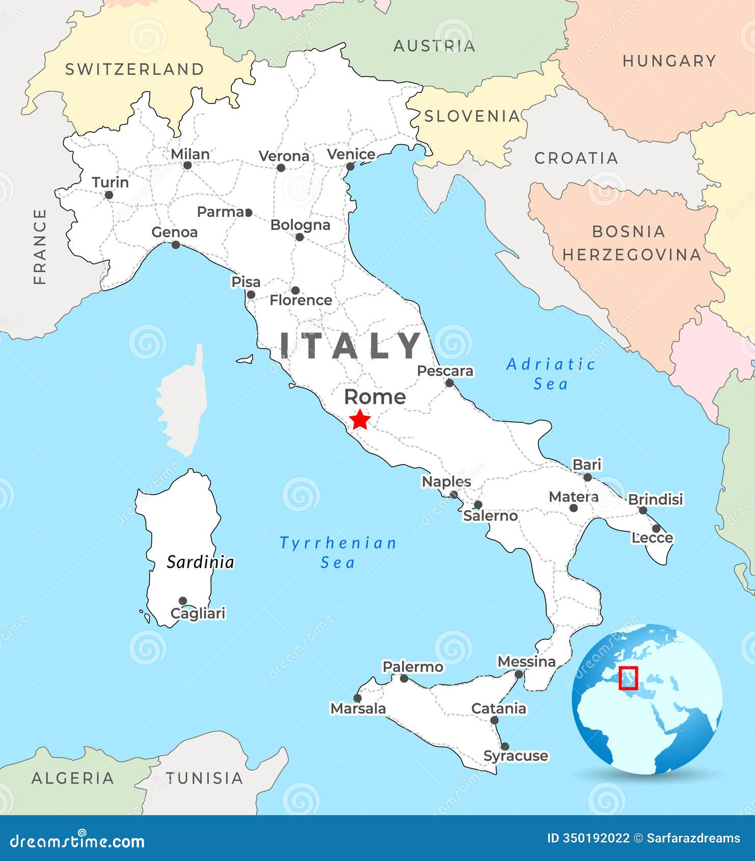 Italy Map with Capital Rome, Most Important Cities and National Borders ...