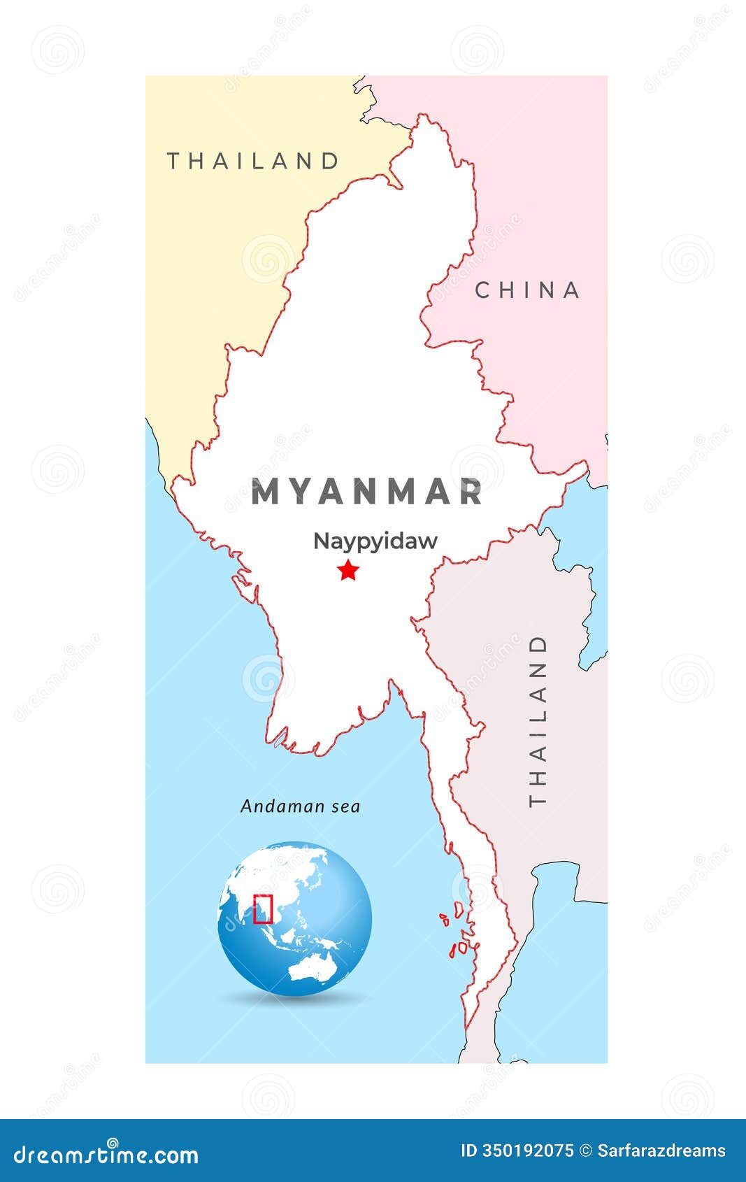 Myanmar Map, Capital Naypyidaw, with National Borders Stock ...