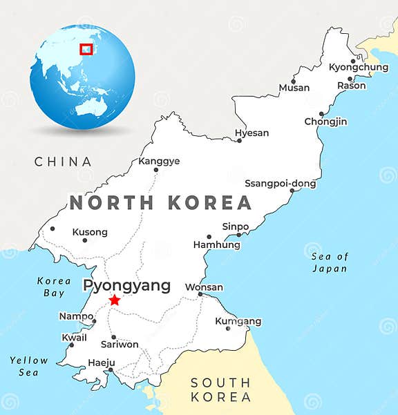 North Korea Map with Capital Pyongyang, Most Important Cities and ...