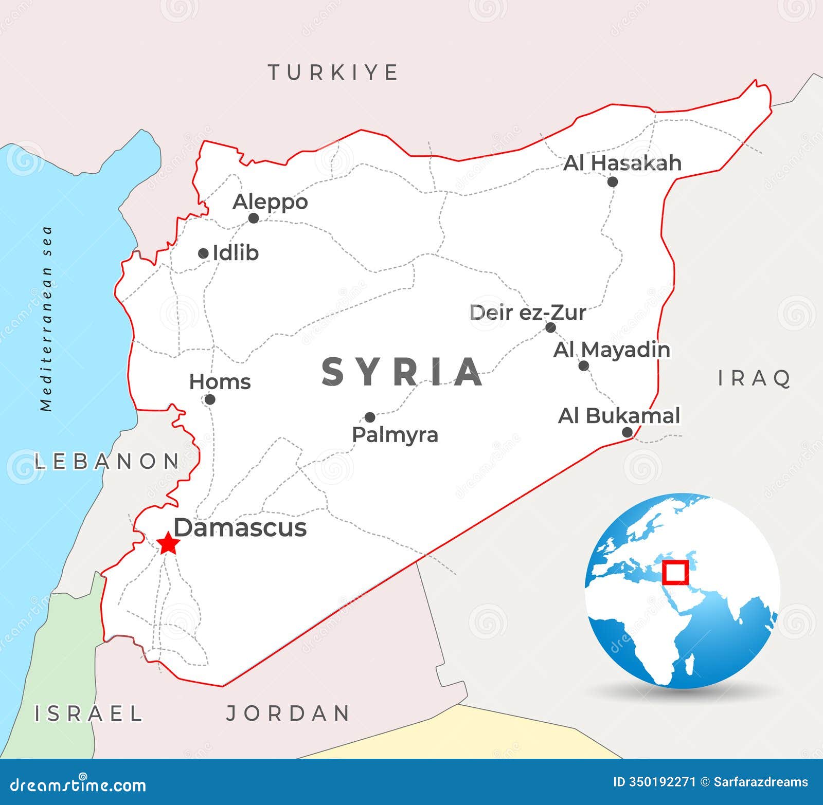 Syria Map with Capital Damascus, Most Important Cities and National ...