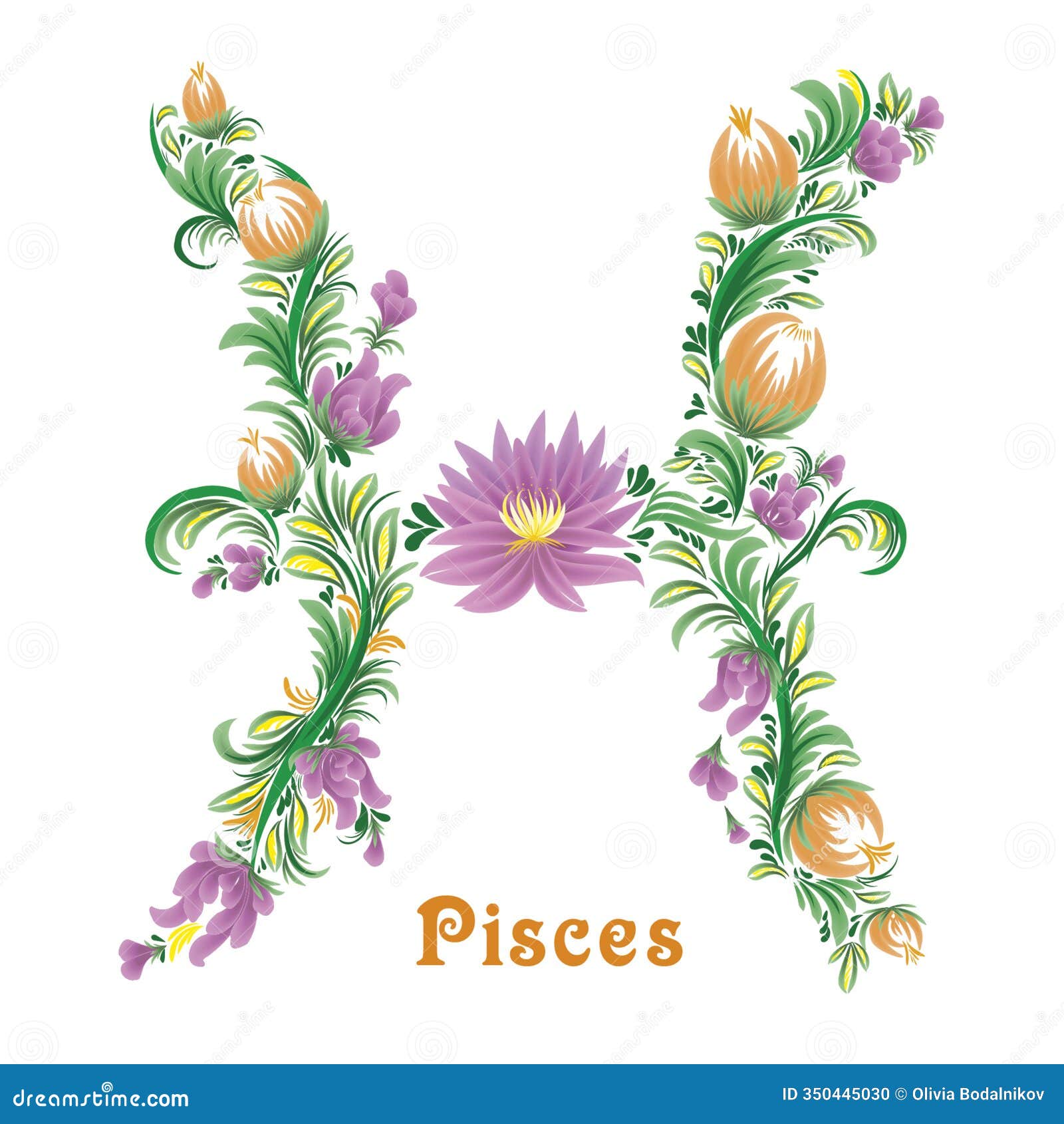 Pisces. Zodiac Sign Flower Stylized Stock Illustration - Illustration ...