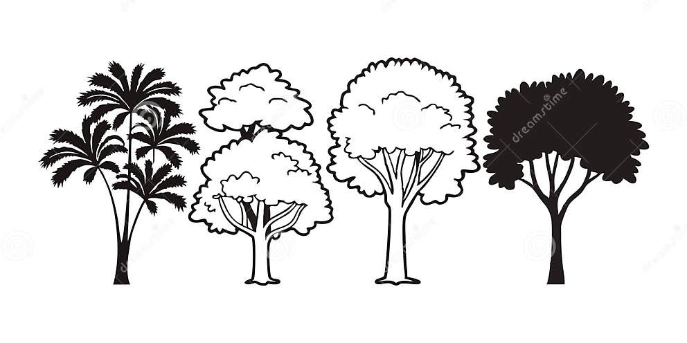 Silhouette Tree Line Drawing Set Stock Vector - Illustration of drawing ...