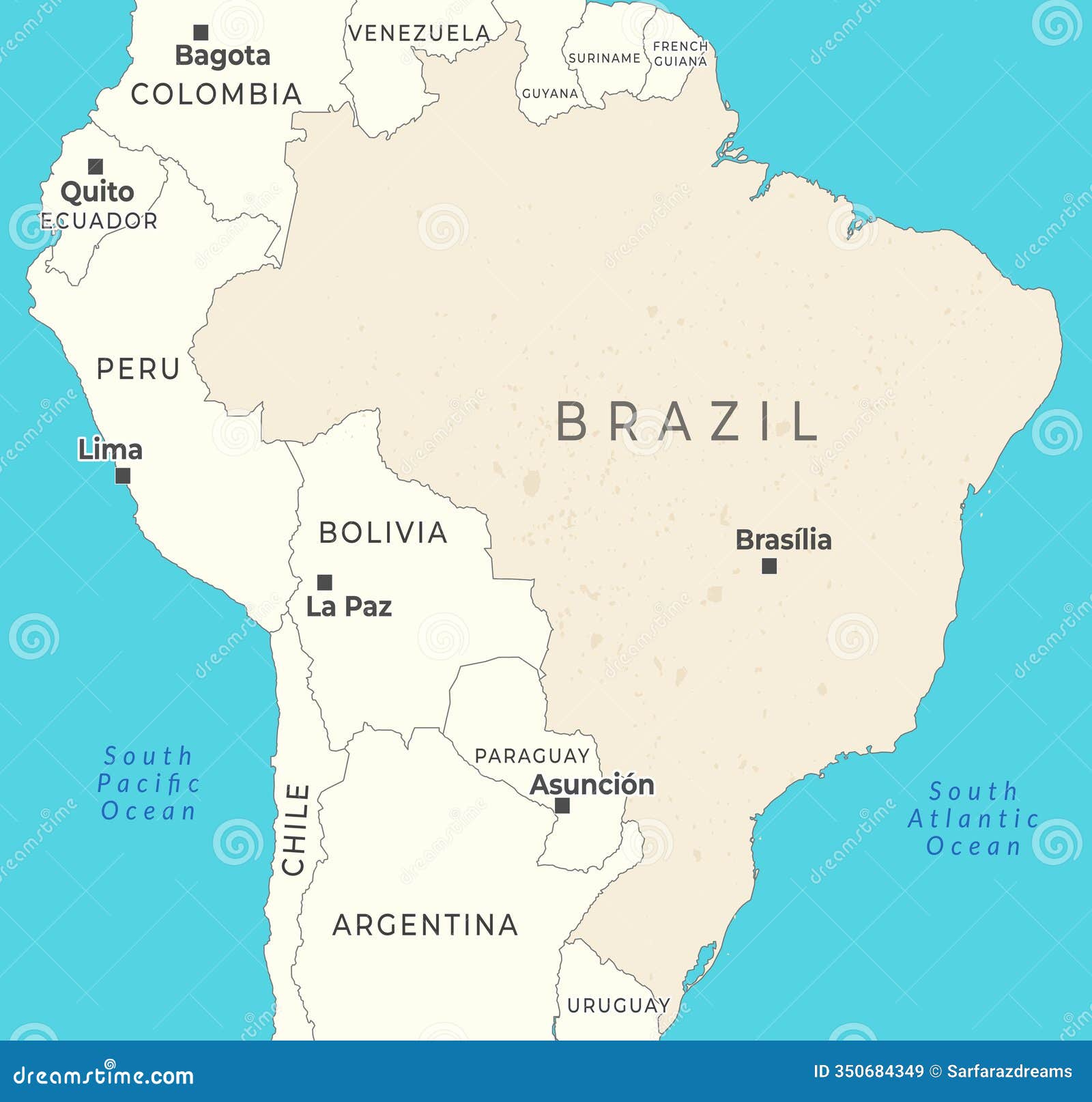 A Political Map of Brazil Showcasing Its Borders and Capitals Stock ...
