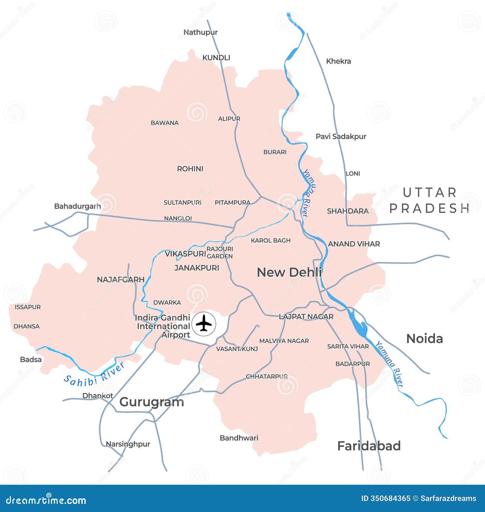 Detailed Map of Delhi with District and Important Places Stock ...