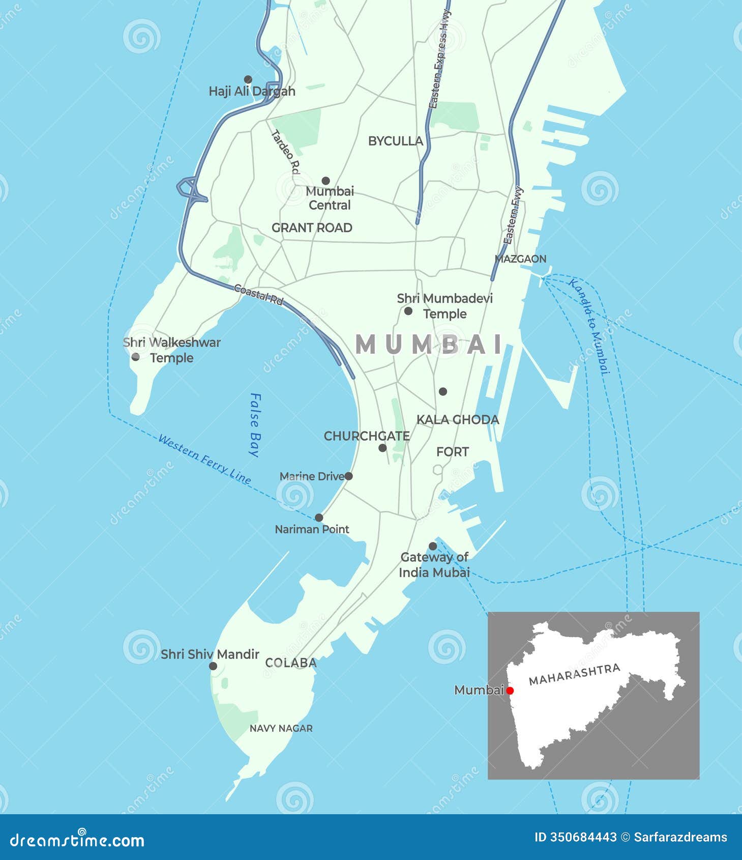 Detailed Map Of Mumbai City, Linear Print Map. Cityscape Panorama ...