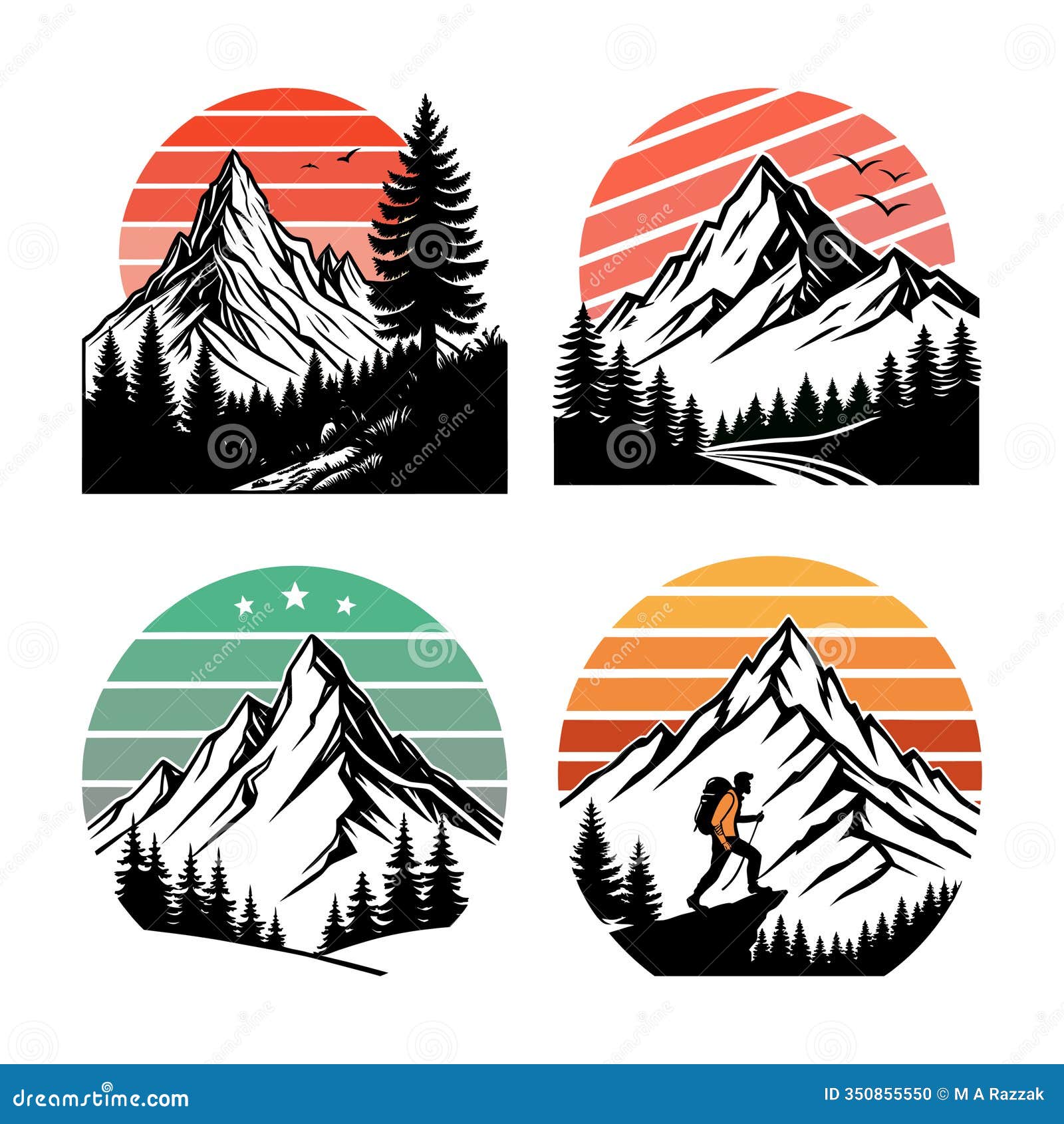Mountain Silhouettes Bundle on Retro Vintage Designs. Stock ...