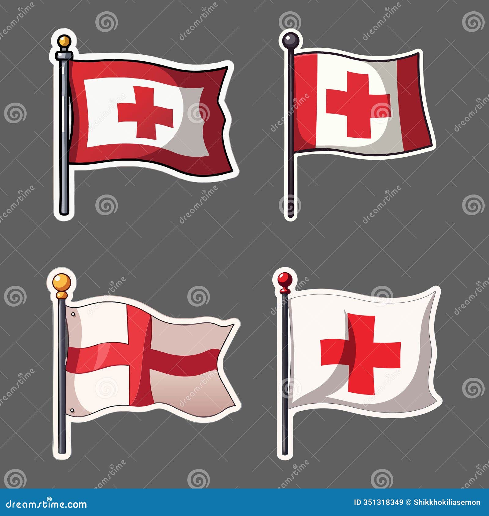 Four Stylized Flags on a Gray Background. Red Cross Flags with ...