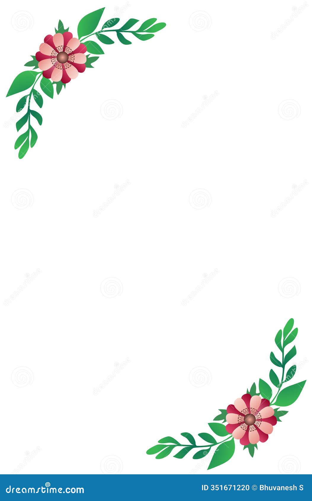 Corner Border Design Concept of Pink Flower with Green Leaves Isolated ...