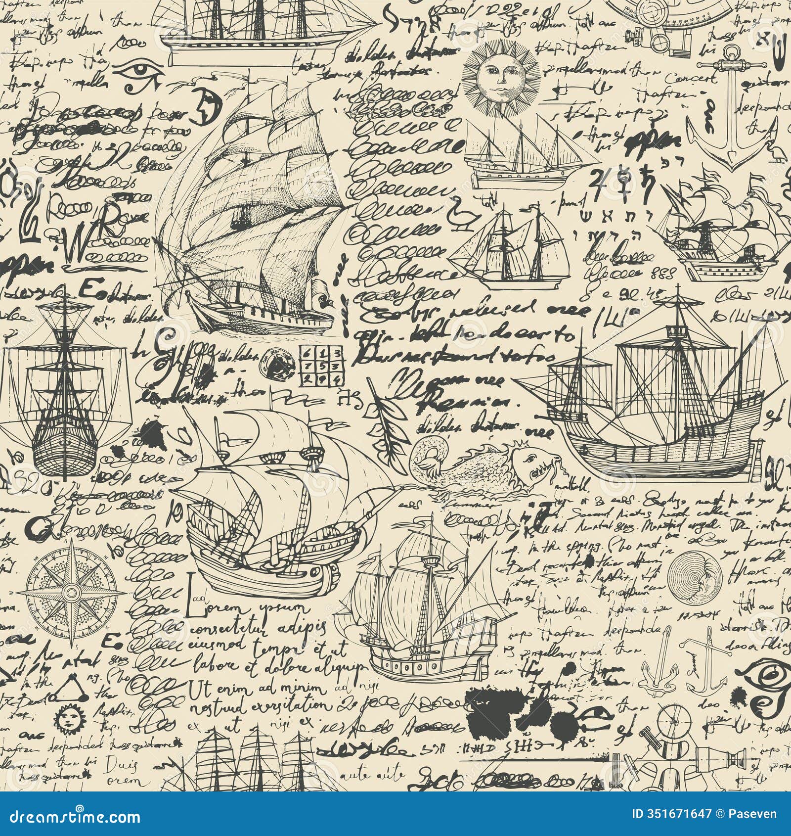 Seamless Pattern with Drawings Sailing Ships Stock Illustration ...