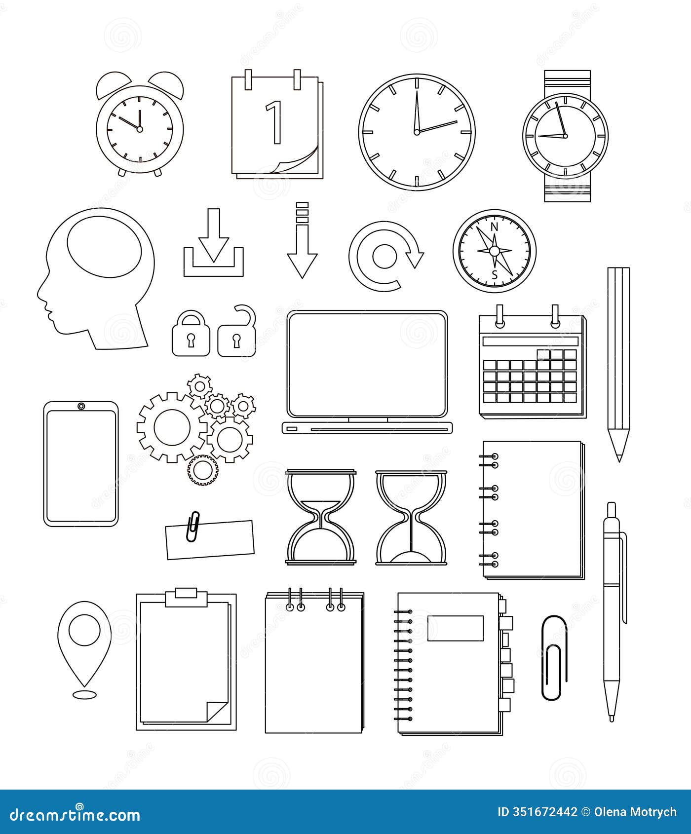 Set of Flat Outline Business and Time Management Icons. Black and White ...