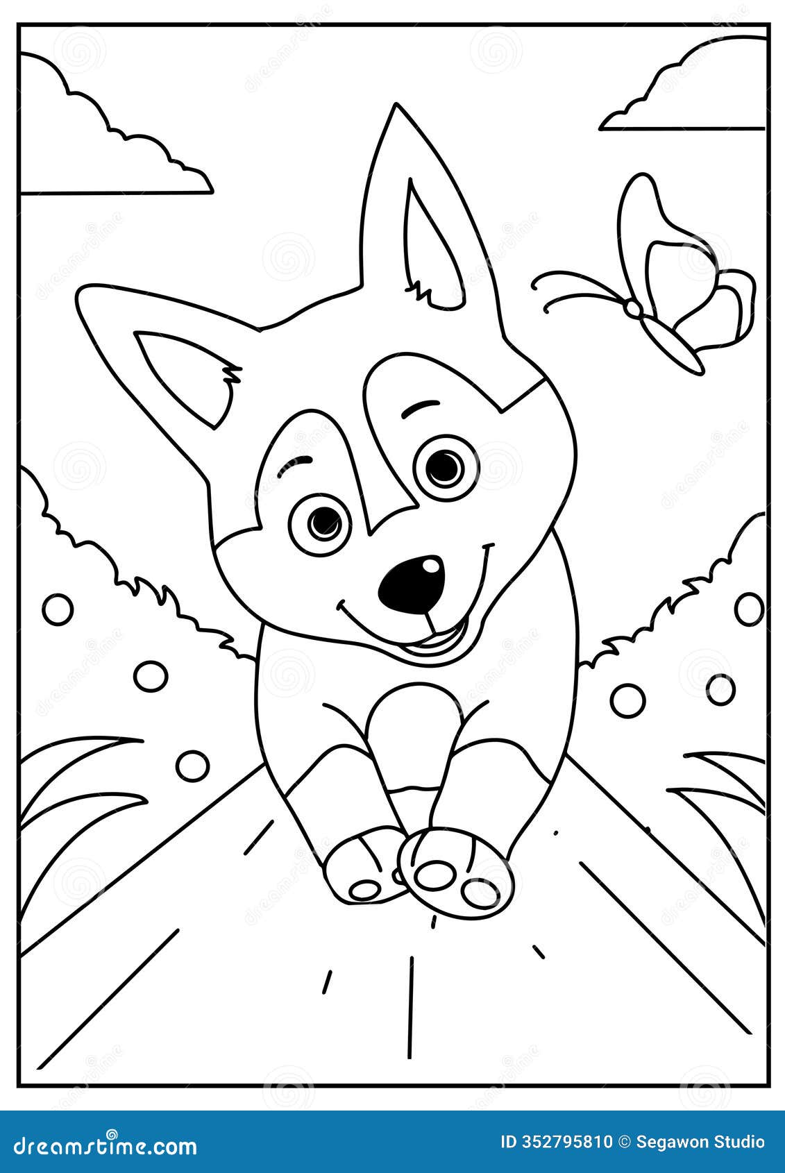 Coloring Book Cute Dog Run with Butterfly Illustration Stock Vector ...