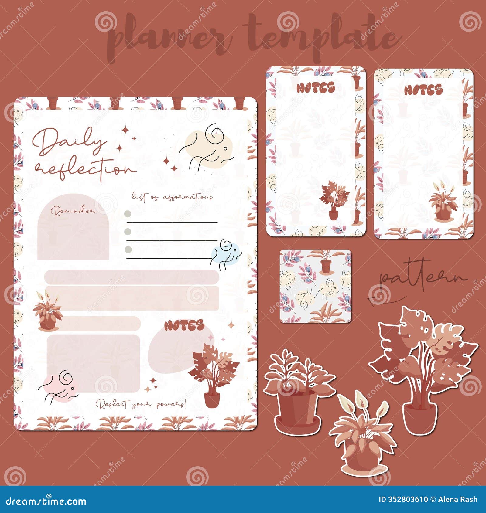 Template Eps Ai Png Jpeg Red Notepad Notes Plants Stickers Set Cute ...