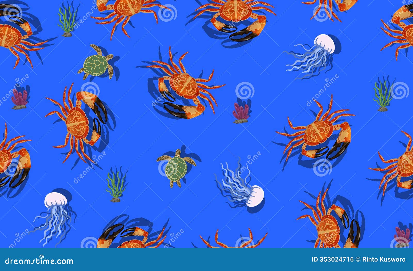Seamless Pattern with Sea Animals Crab on Blue Background. Stock ...