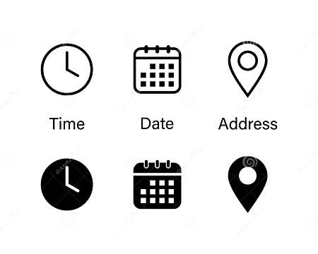 Date, Time, Location Address Icon Set. Clock, Calendar, Location Pin ...